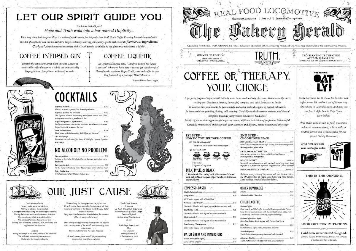Menu at Truth Coffee Roasting cafe, Cape Town, 36 Buitenkant St