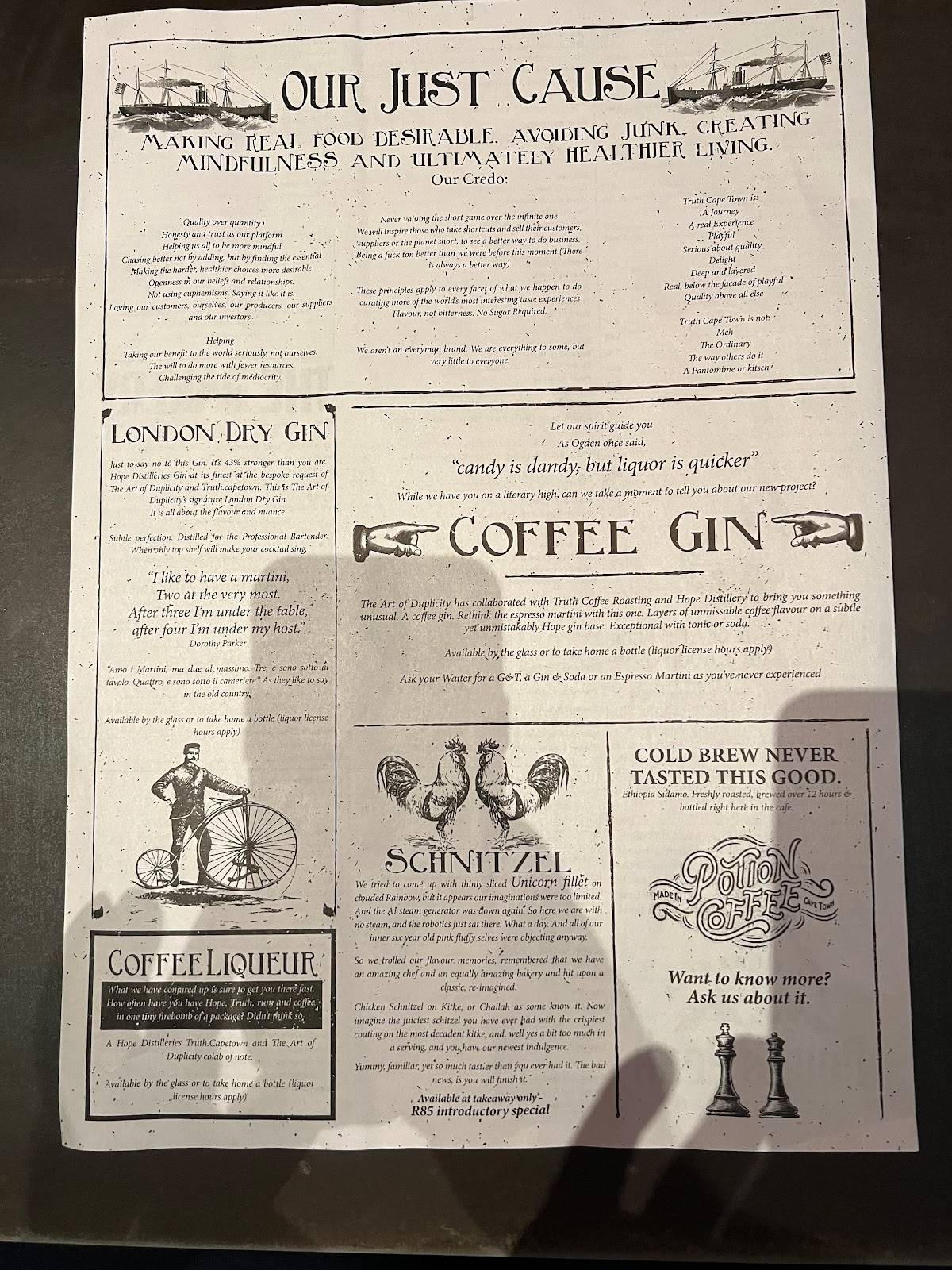 Menu at Truth Coffee Roasting cafe, Cape Town, 36 Buitenkant St