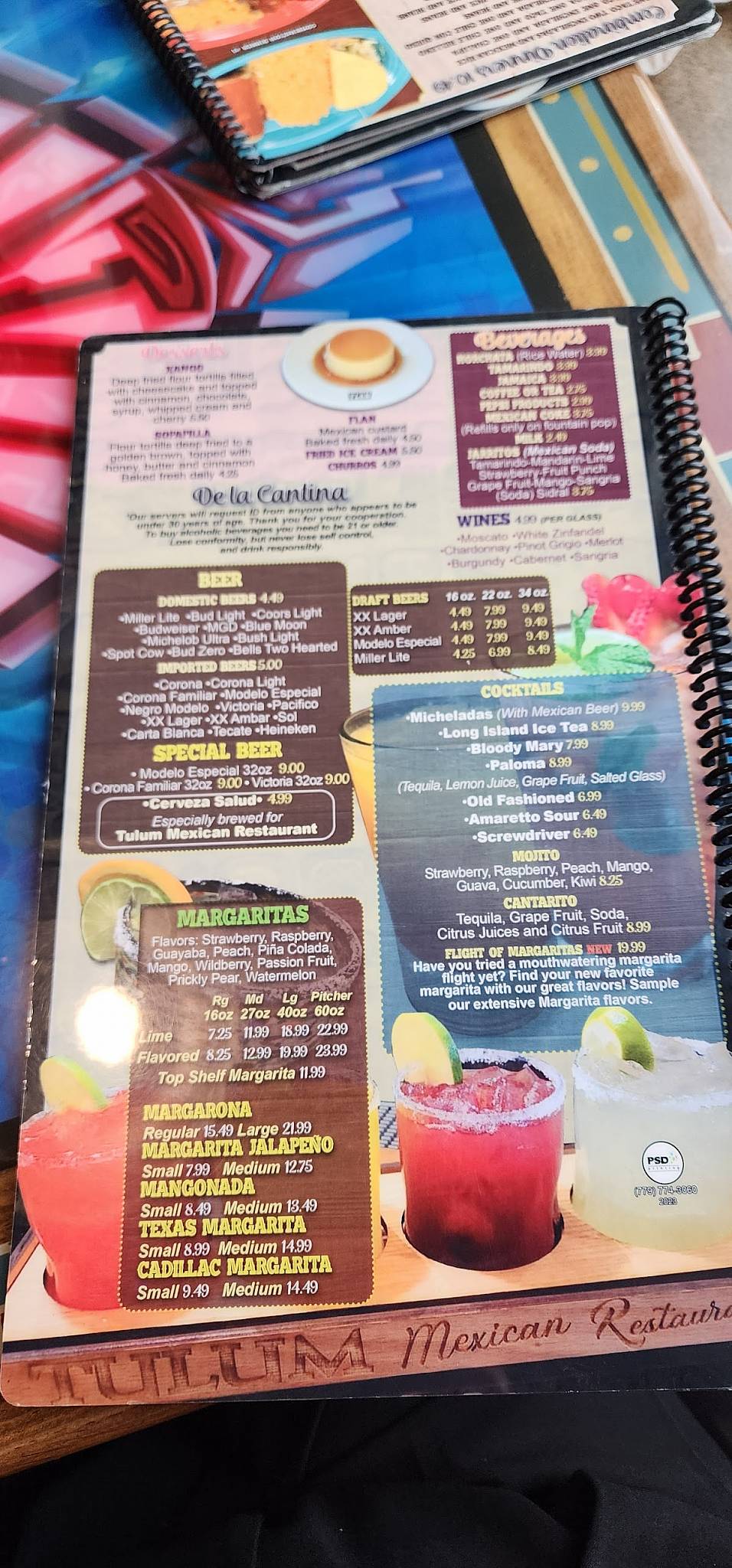 Menu at Tulum restaurant, Plover