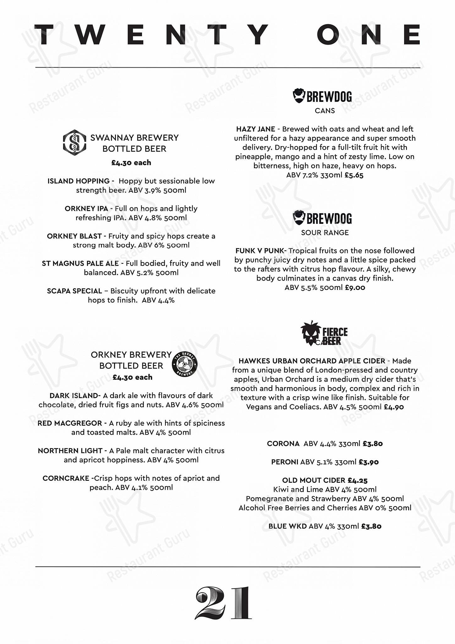 Menu at Twenty One restaurant, Kirkwall