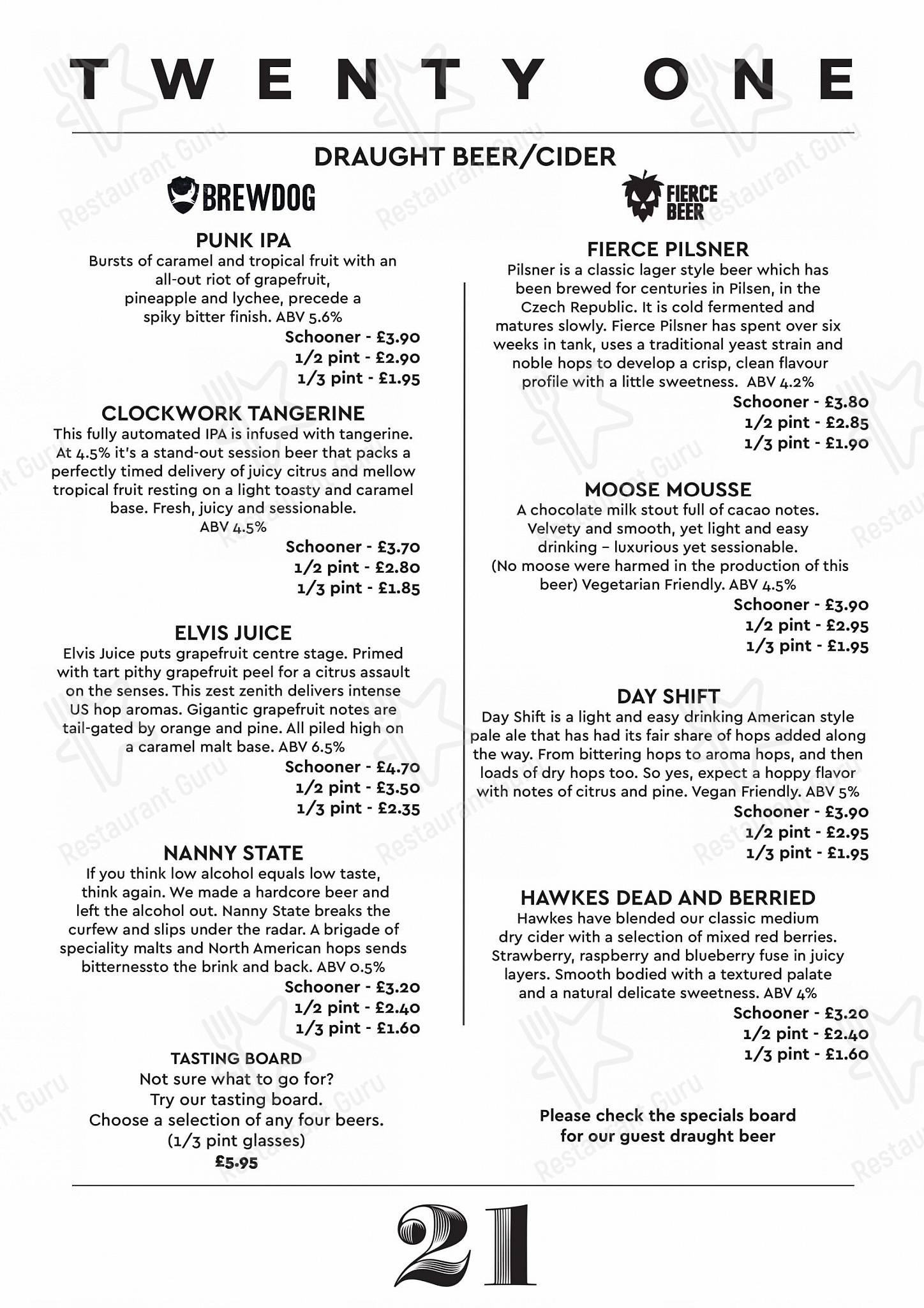 Menu at Twenty One restaurant, Kirkwall