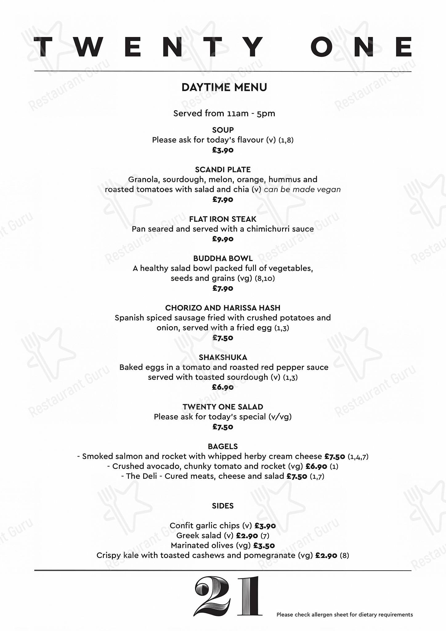 Menu at Twenty One restaurant, Kirkwall