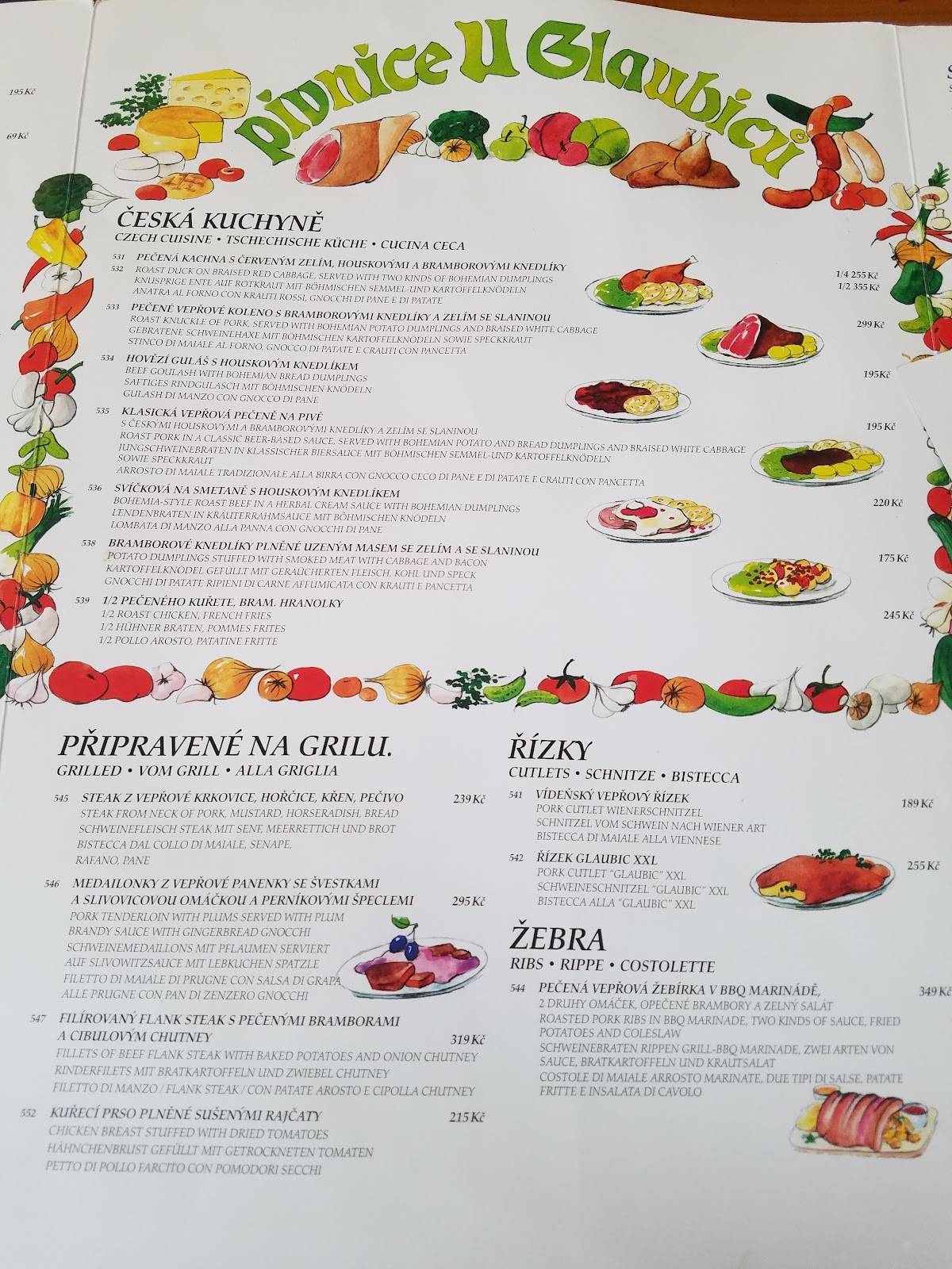 Menu at U Glaubiců restaurant, Prague, Malostranské nám. 266/5