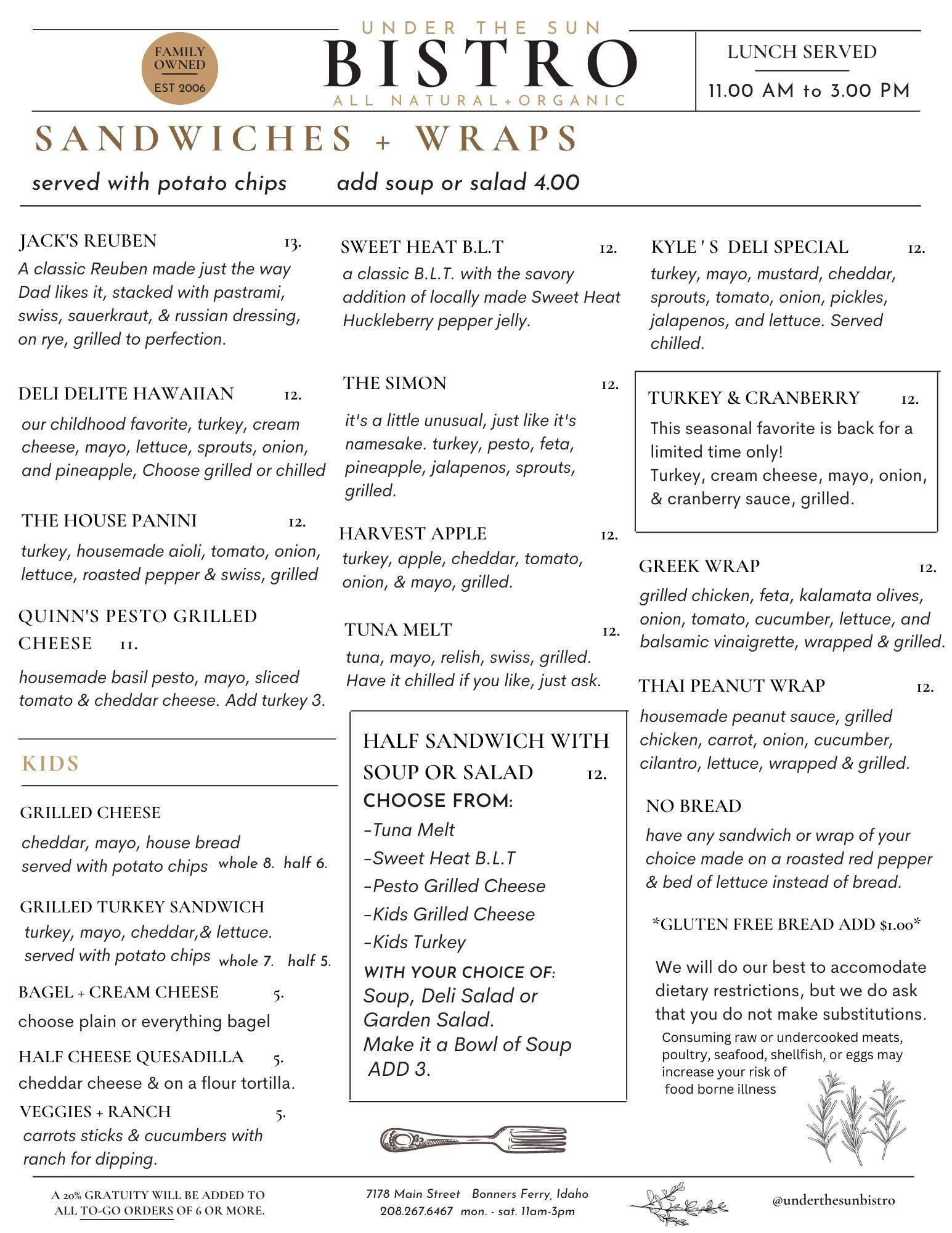Menu at Under the Sun cafe, Bonners Ferry