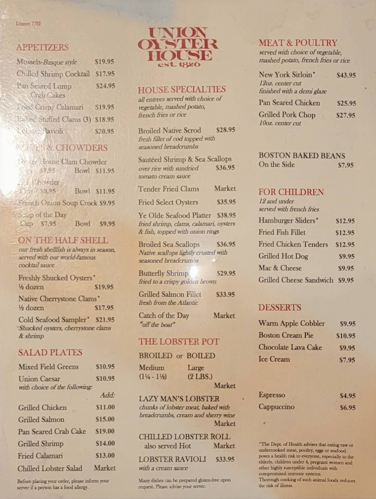 Menu at Union Oyster House restaurant, Boston