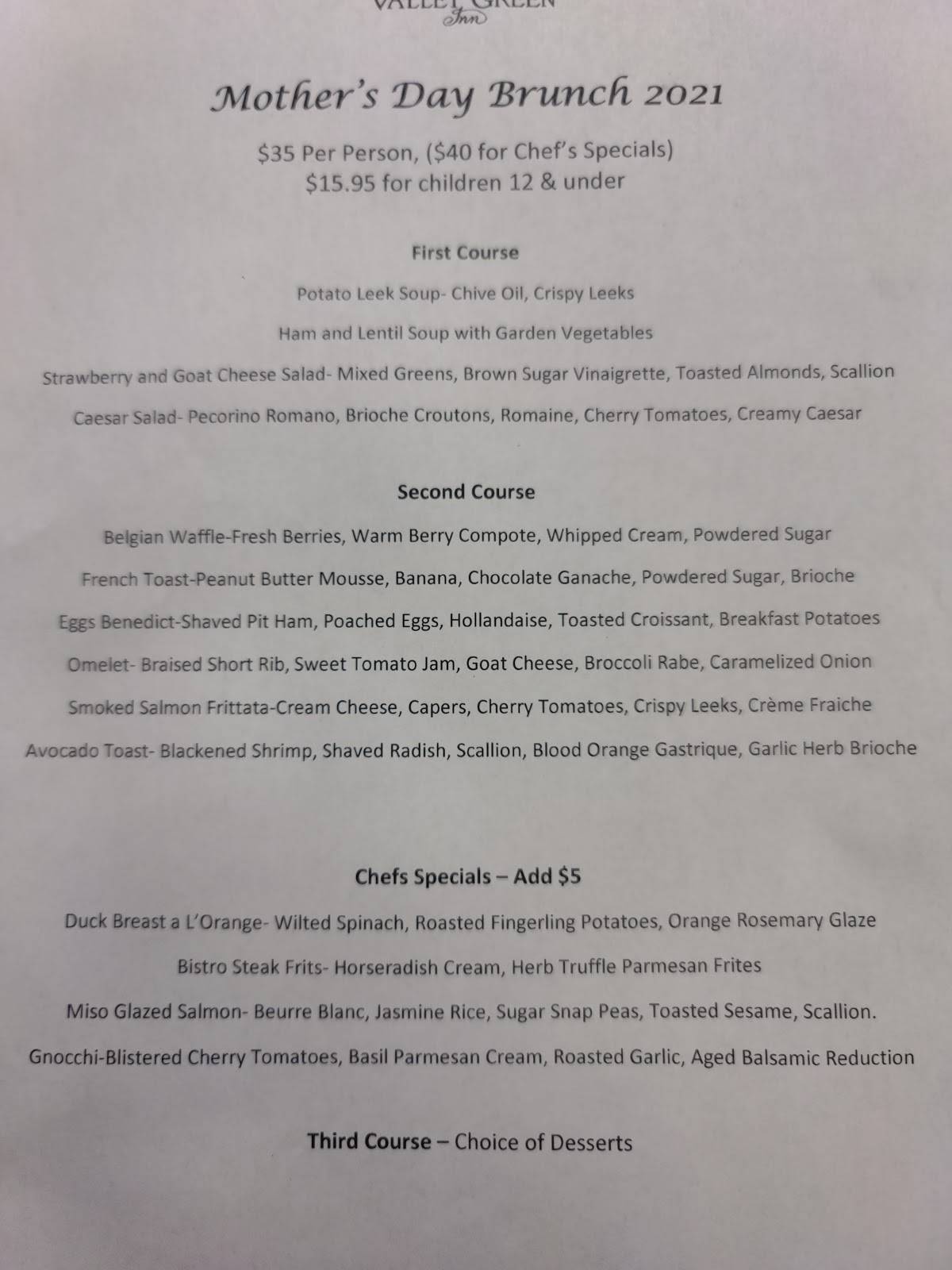 Menu at Valley Green Inn restaurant, Philadelphia