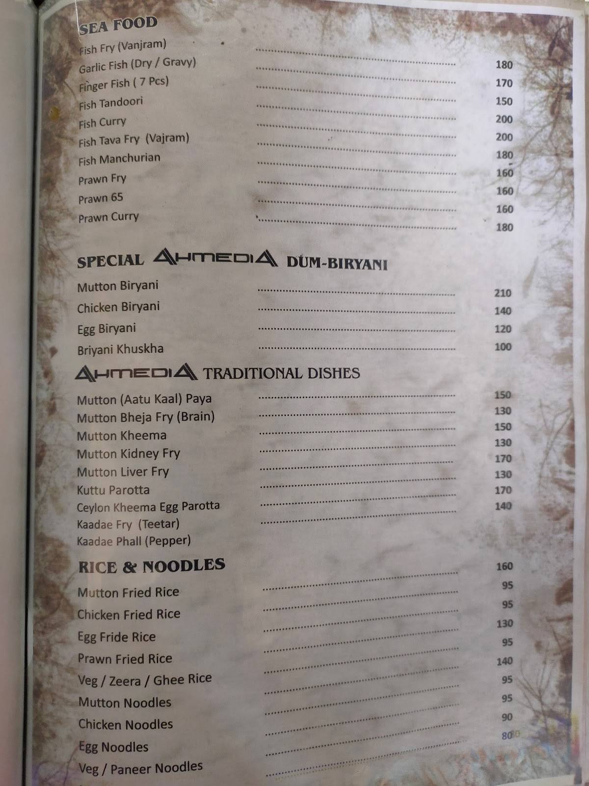 Menu at Ahmedia Hotel ️ Since 1975, Vaniyambadi