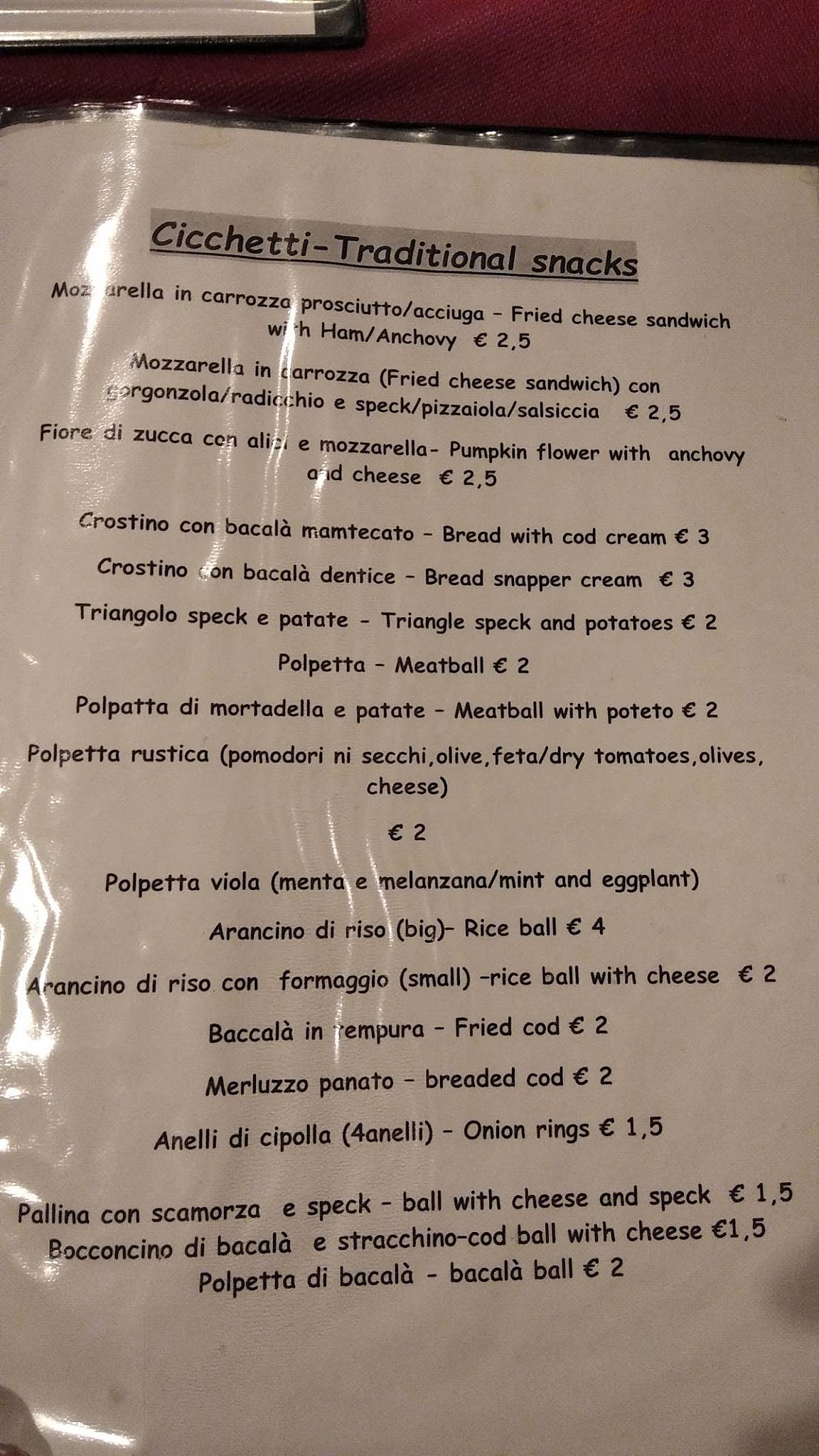 Menu at Bacaro Quebrado pub & bar, Venice