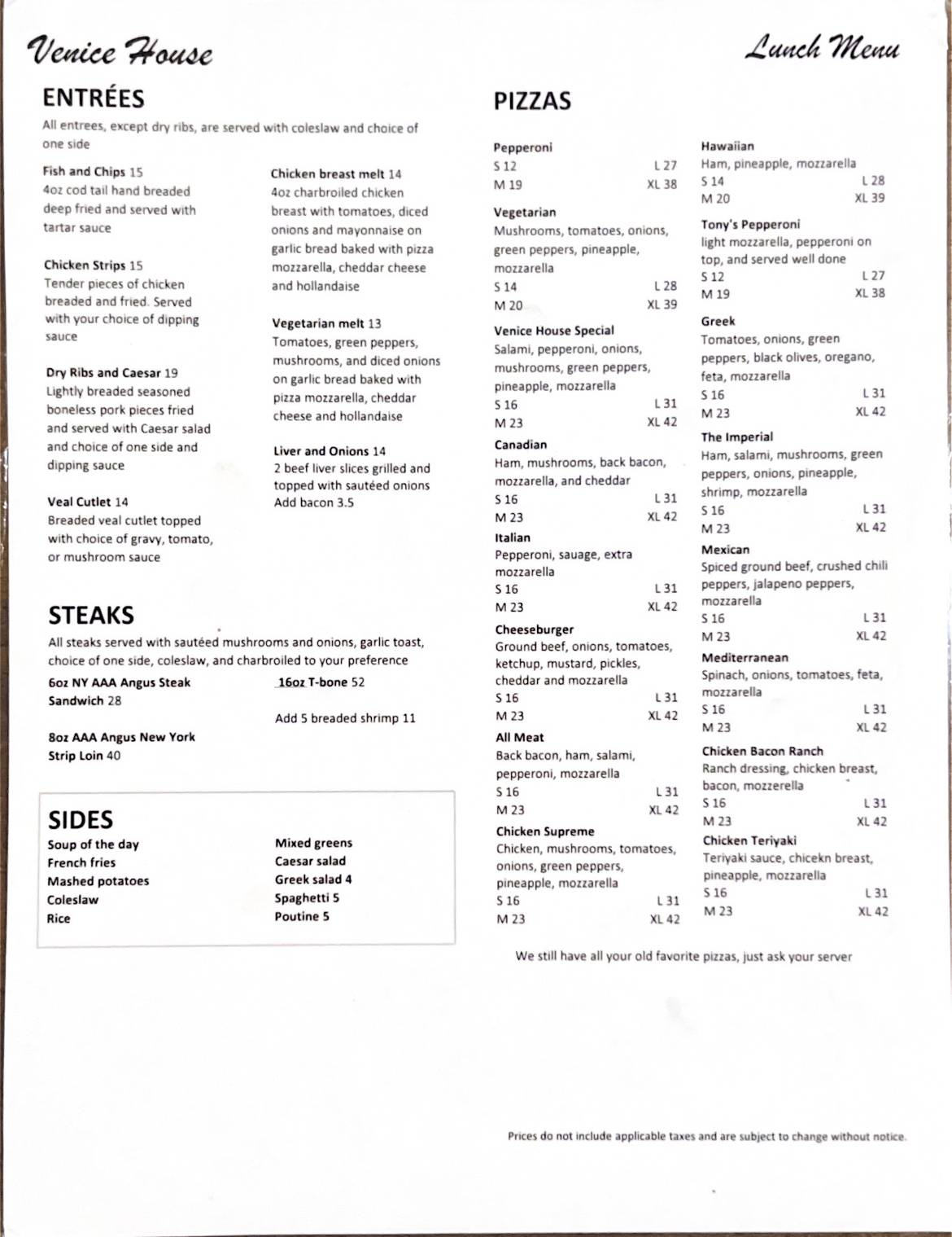 Menu at Venice House pizzeria, Prince Albert, Central Ave