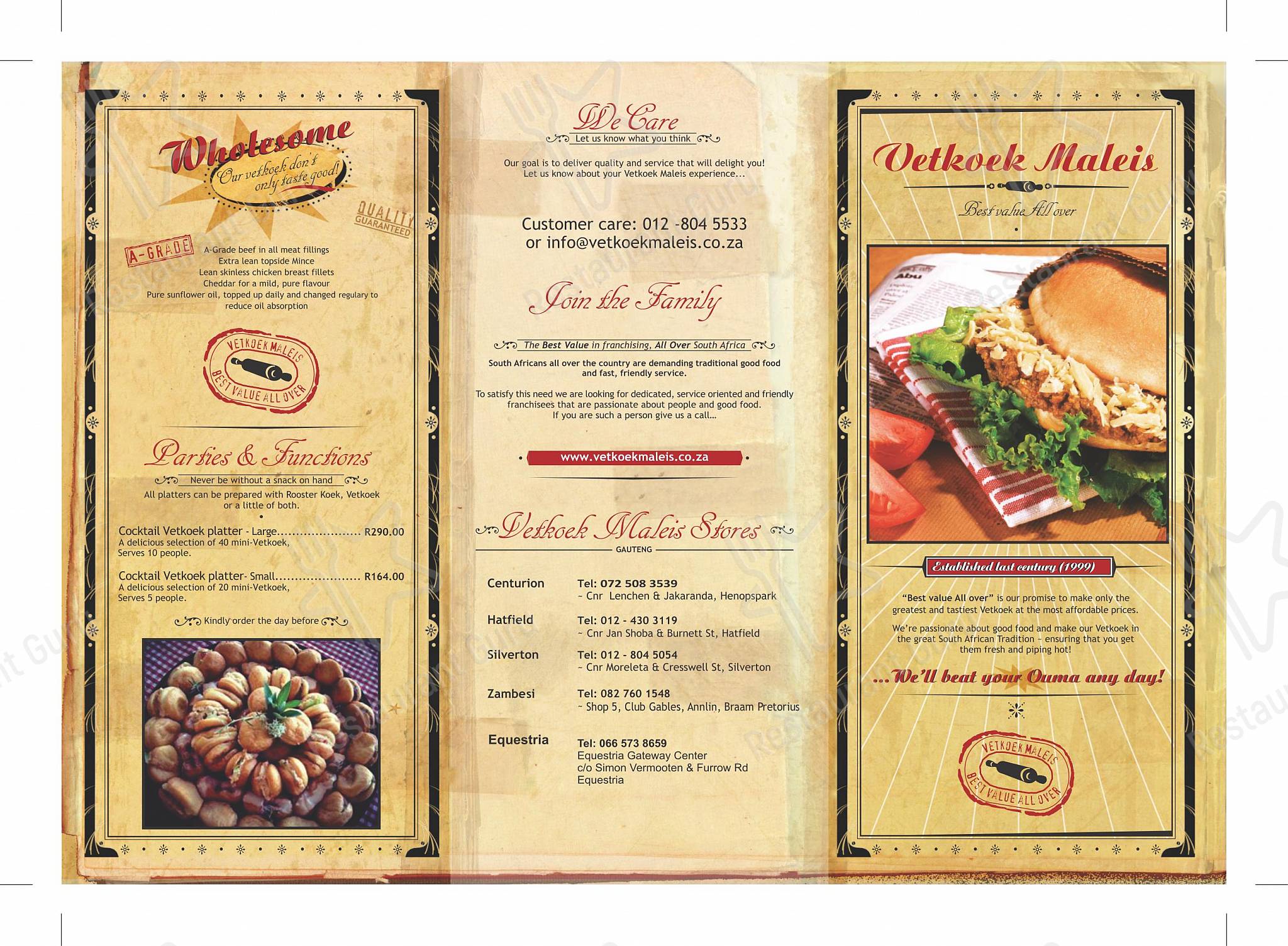 Menu at Vetkoek Maleis Centurion restaurant, Centurion, 9 Jakaranda St