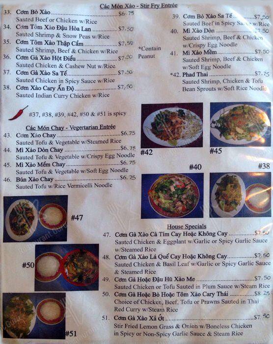 Menu at Vien Dong Restaurant, Tacoma