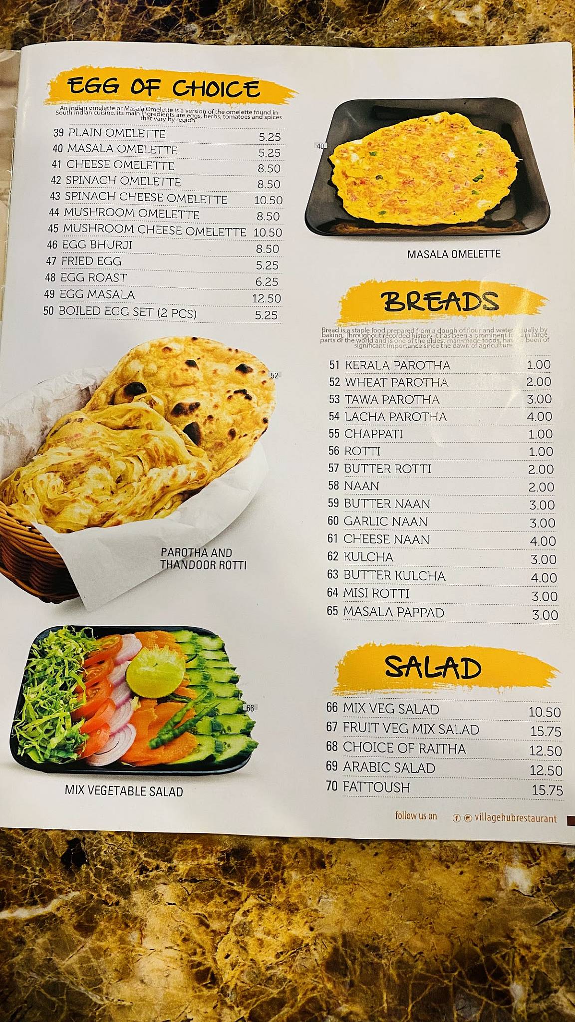 Menu at Village Hub Restaurant, Dubai