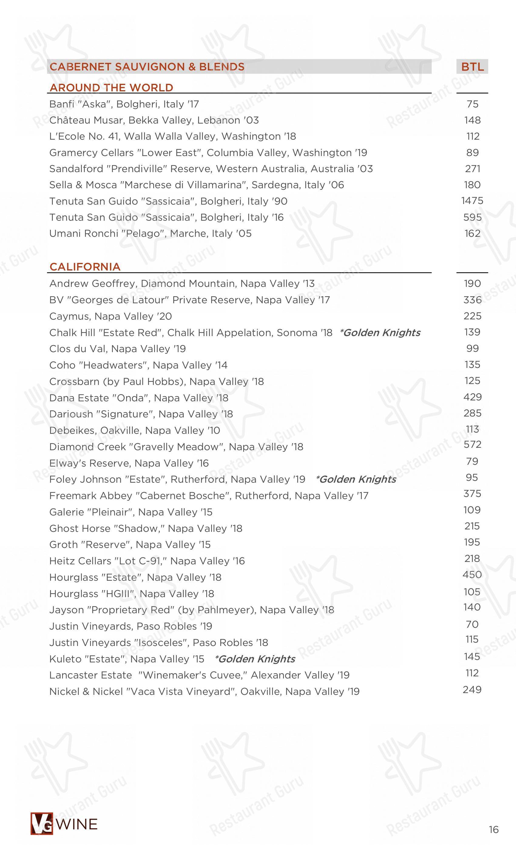 Menu at Vintner Grill pub & bar, Las Vegas