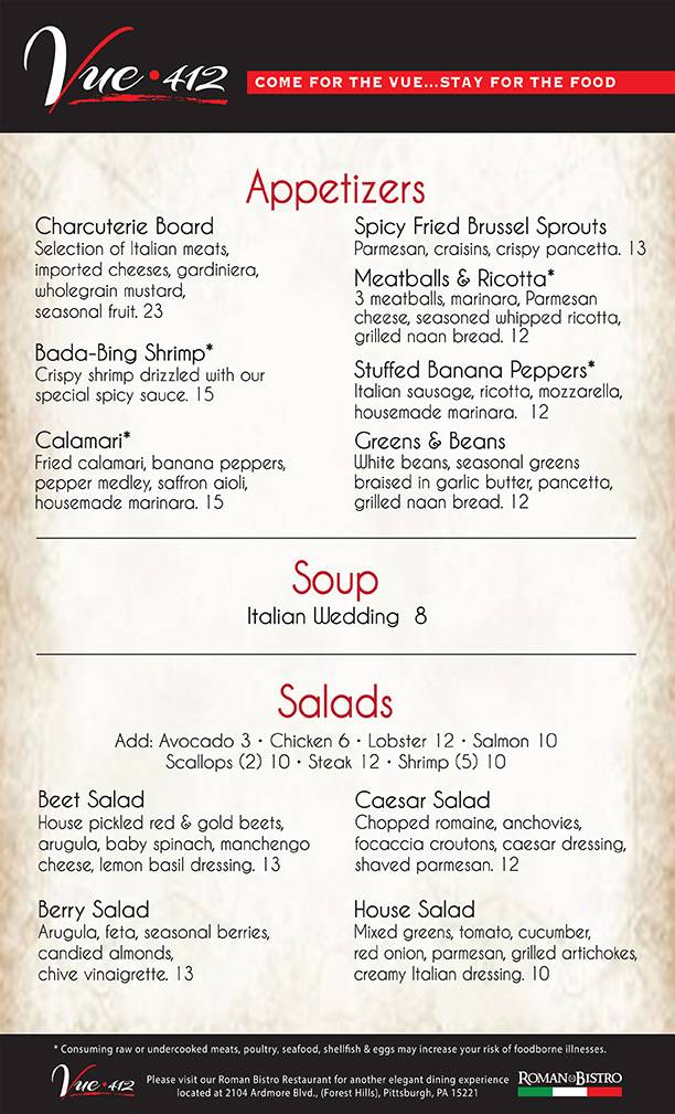 Menu at Vue 412 restaurant, Pittsburgh