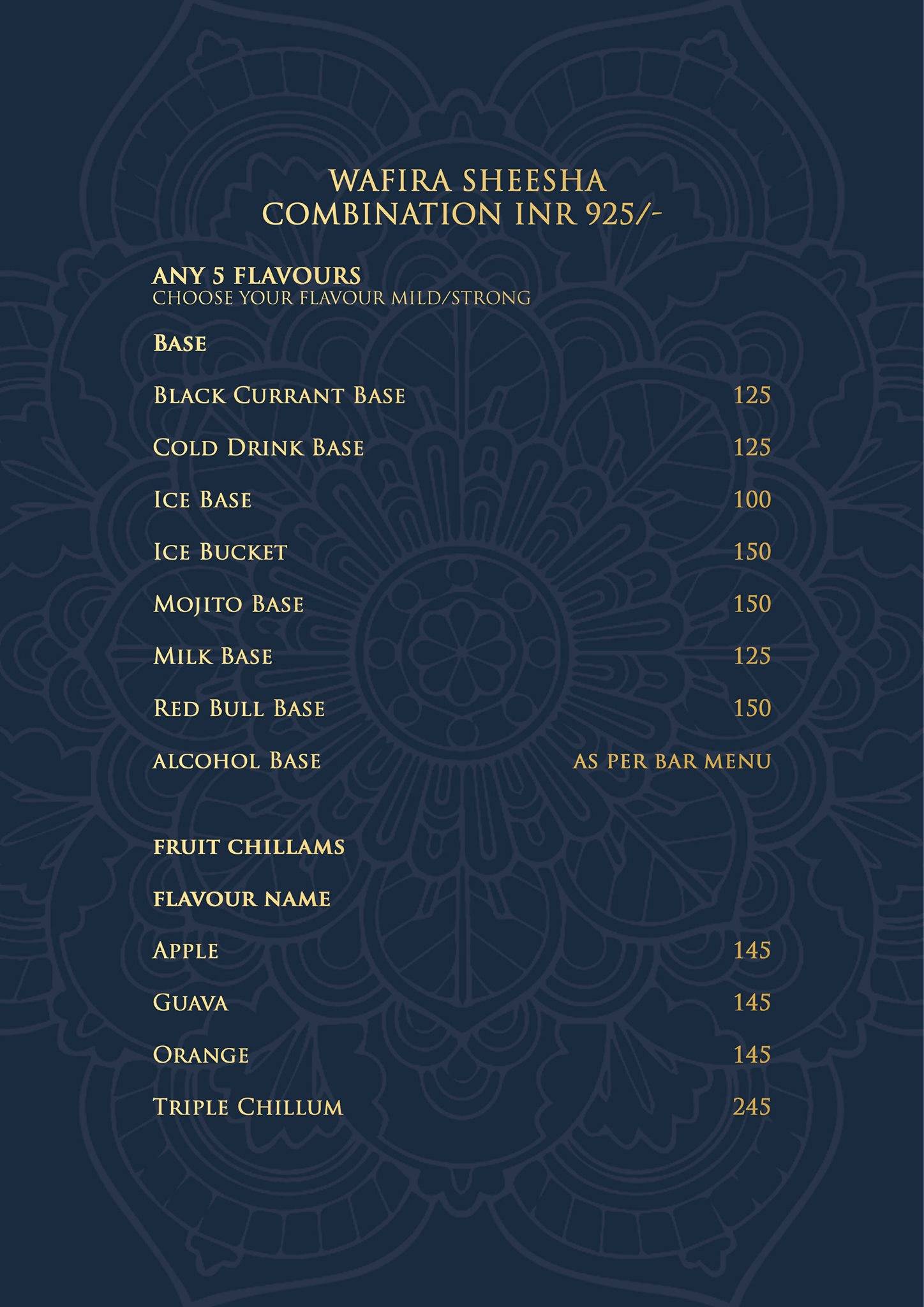 Menu at Wafira, Kolkata