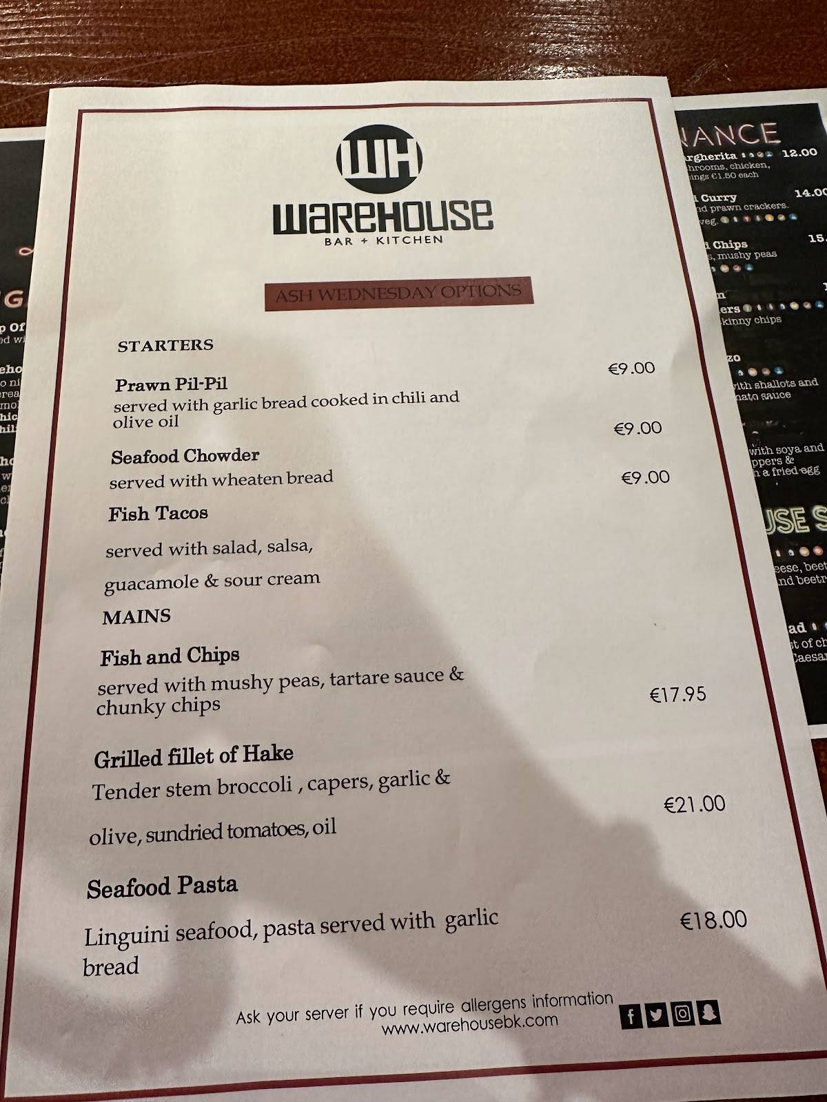 Menu at Warehouse Bar & Kitchen, Letterkenny