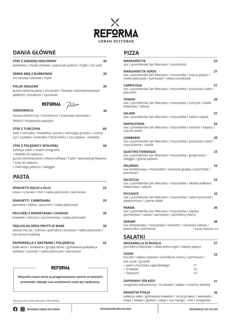 Menu at Reforma Urban restaurant, Warsaw
