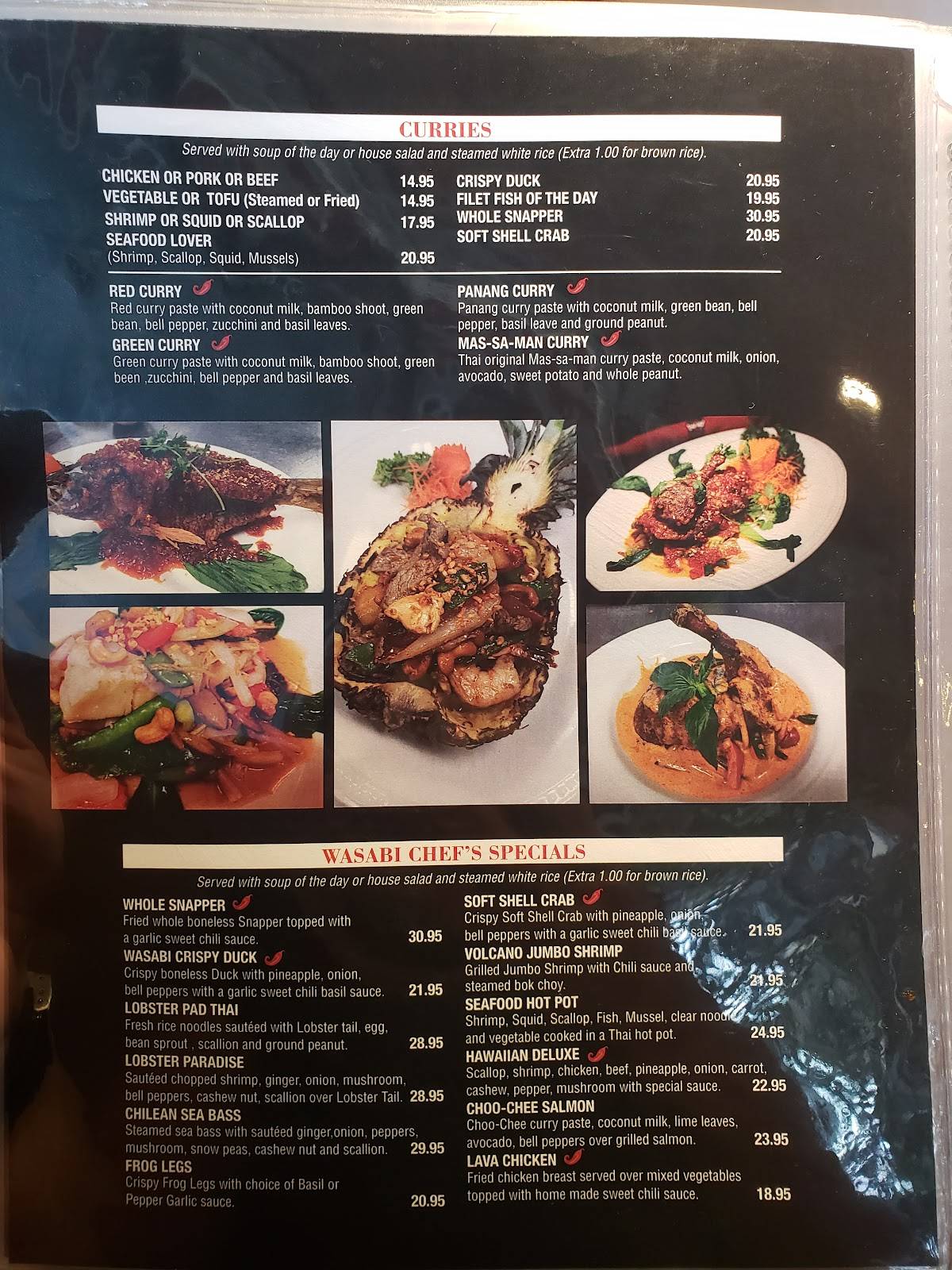 Menu at Wasabi Thai Sushi restaurant, Sebastian, US-1