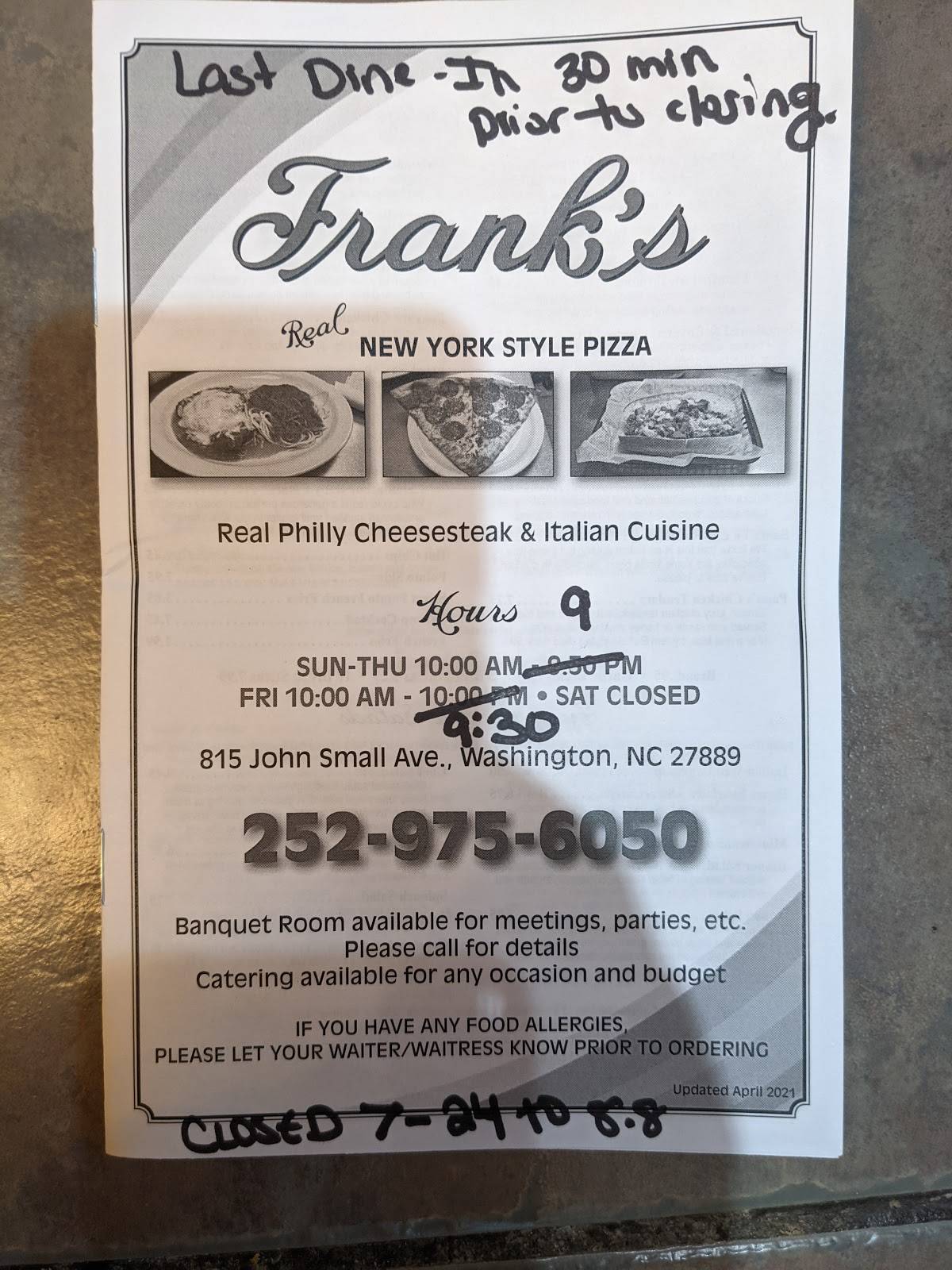 Menu at Frank's Pizza and Italian Restaurant, Washington