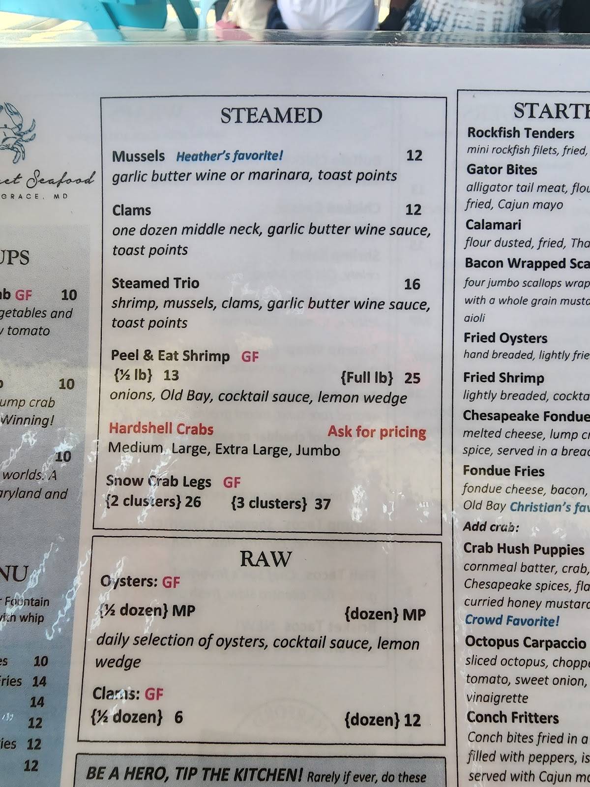 Menu at Water Street Seafood restaurant, Havre de Grace