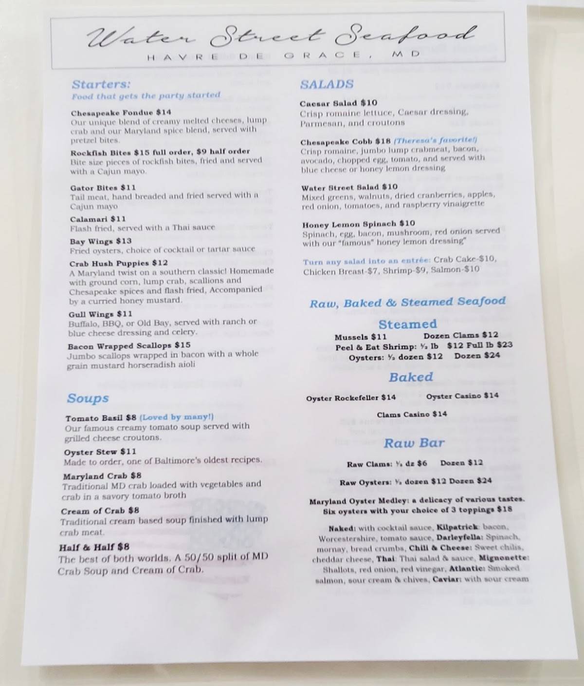 Menu at Water Street Seafood restaurant, Havre de Grace