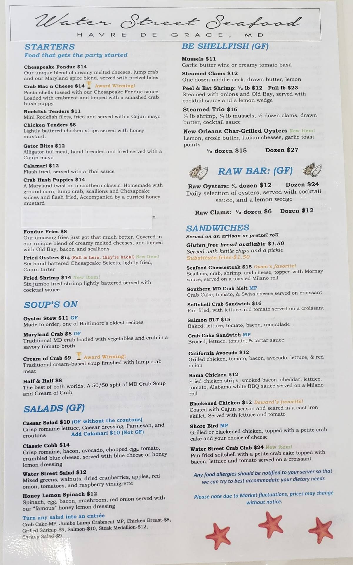 Menu at Water Street Seafood restaurant, Havre de Grace