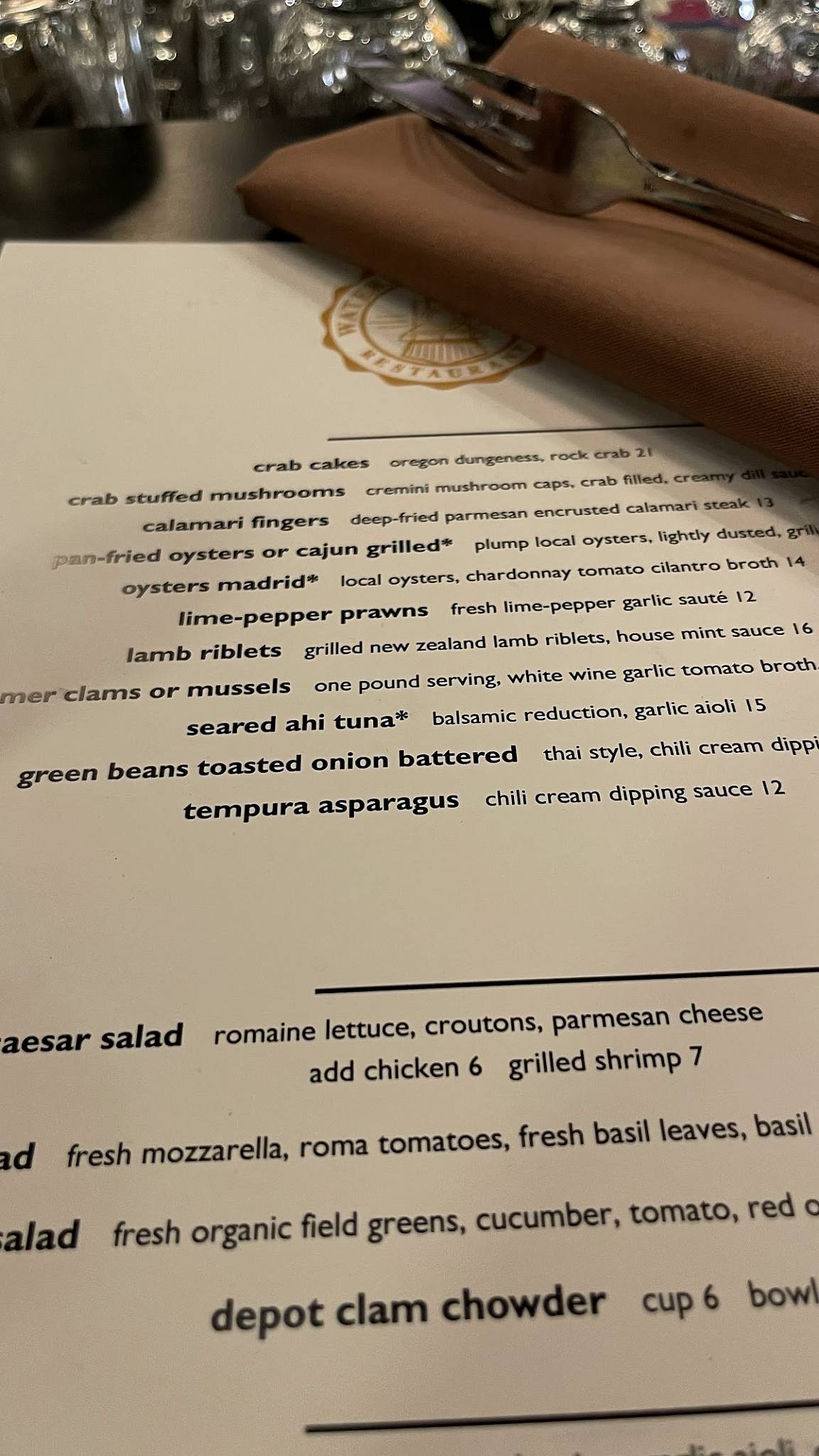 Menu at Waterfront Depot Restaurant, Florence
