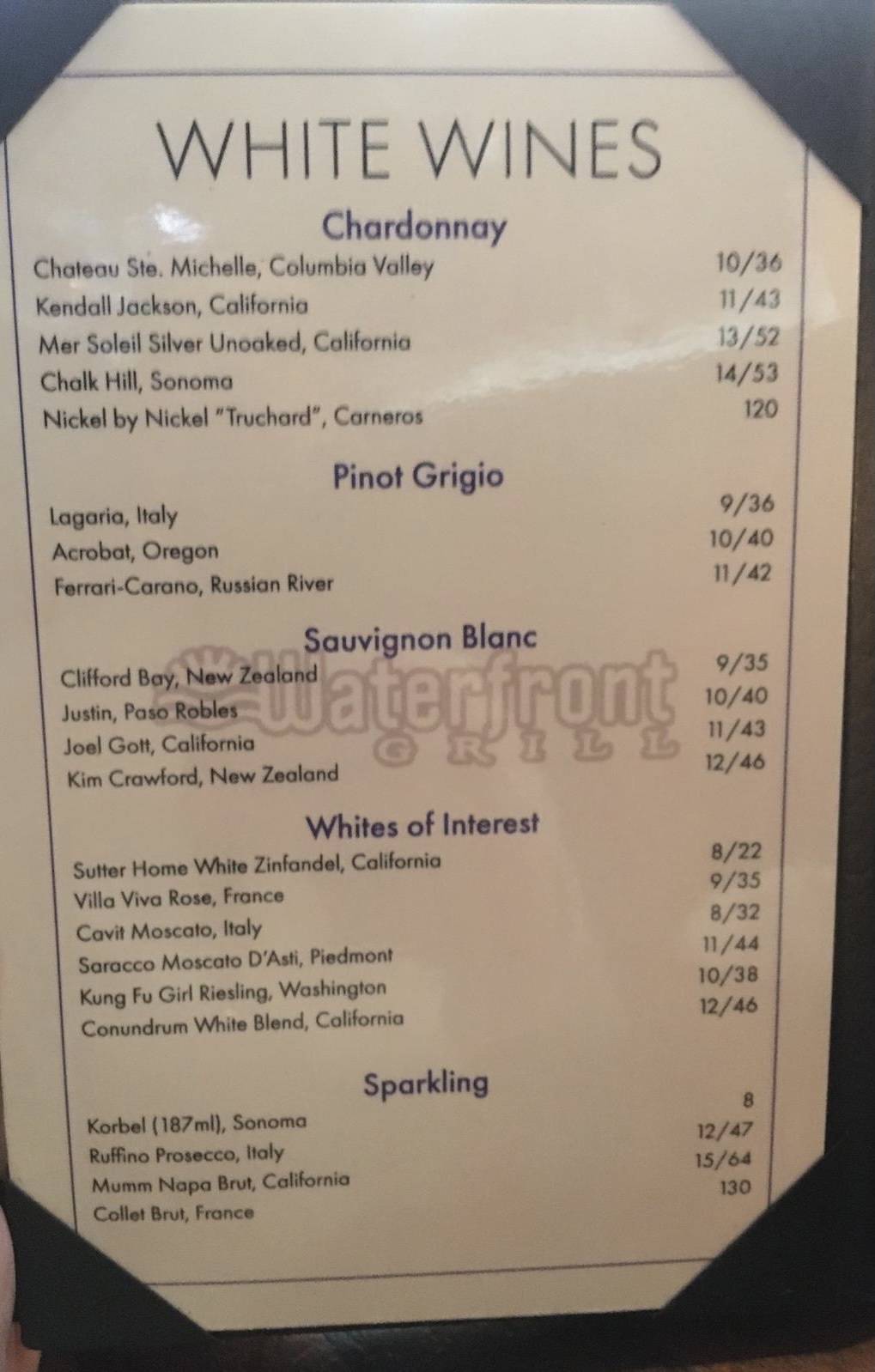 Menu at Waterfront Grill Tulsa restaurant, Jenks