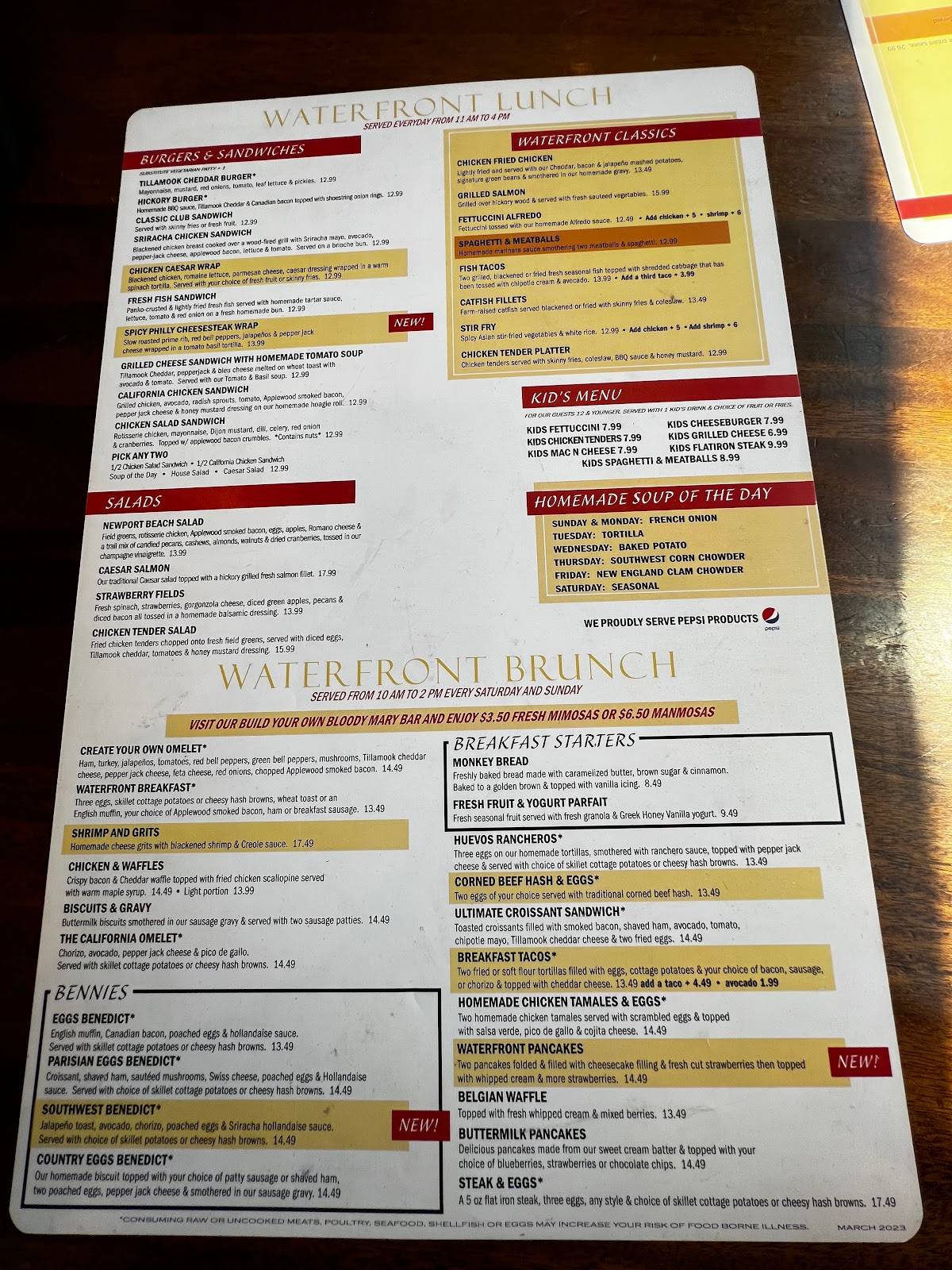 Menu at Waterfront Grill Tulsa restaurant, Jenks