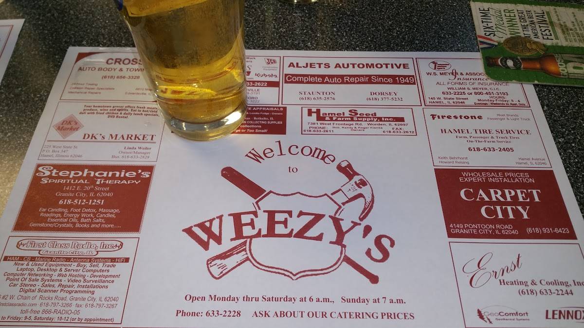 Menu at Weezy's pub & bar, Hamel