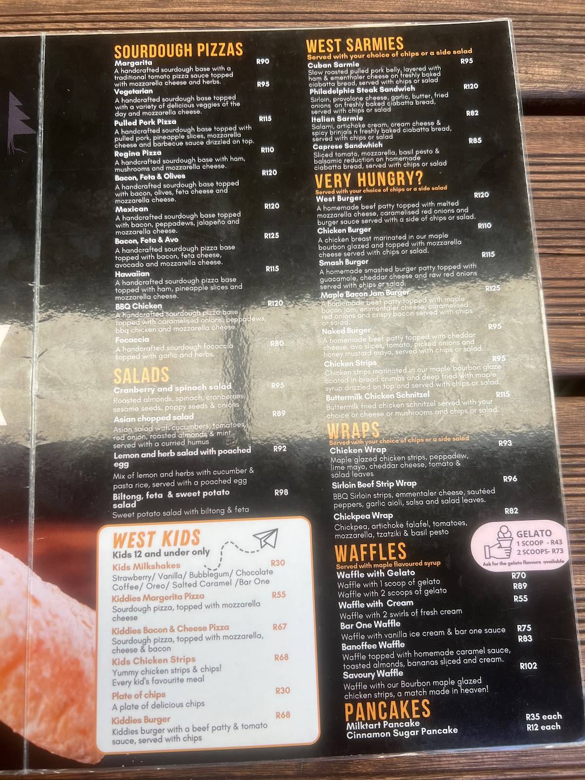 Menu at West Cafe, Pretoria
