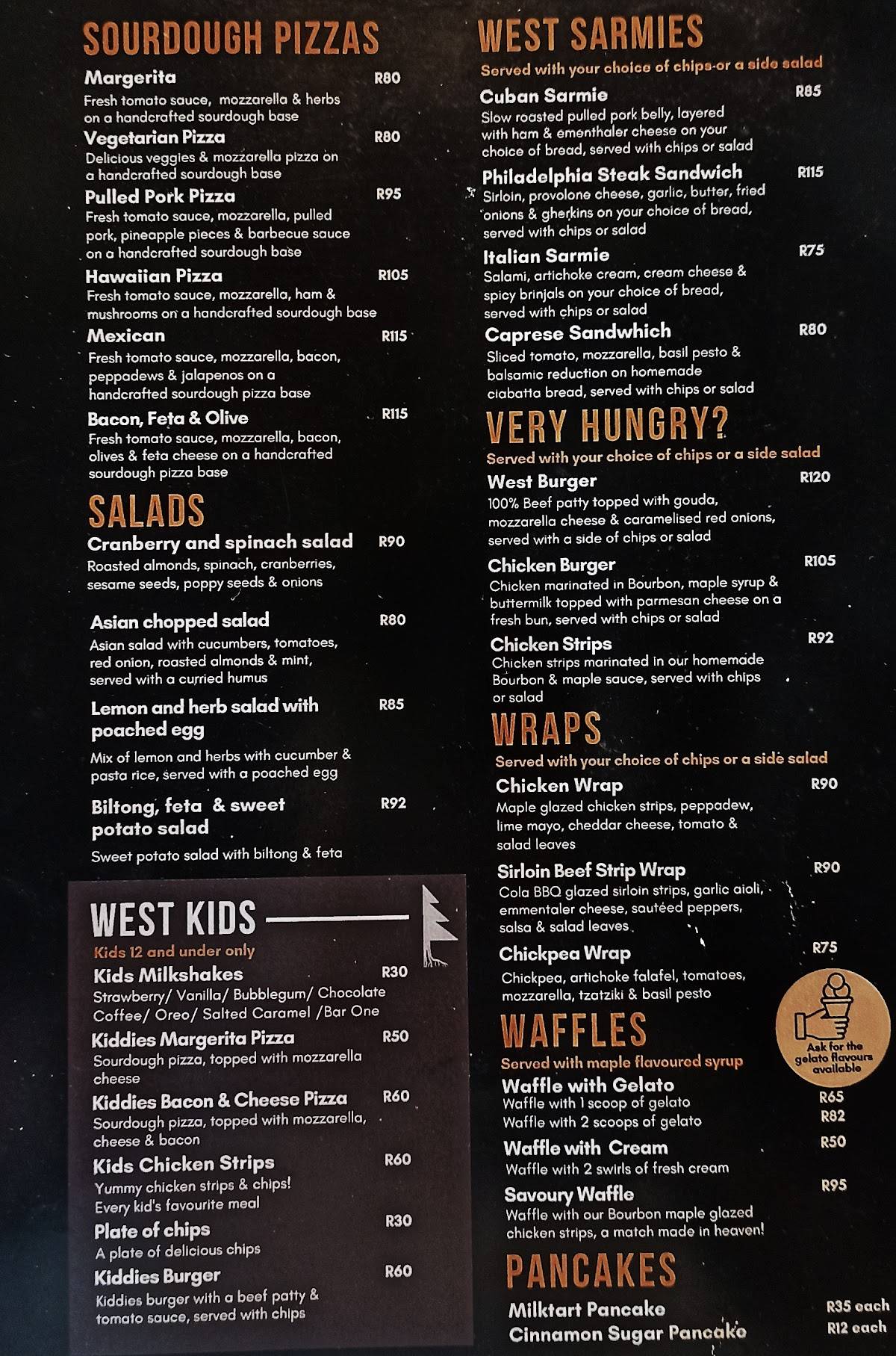 Menu at West Cafe, Pretoria