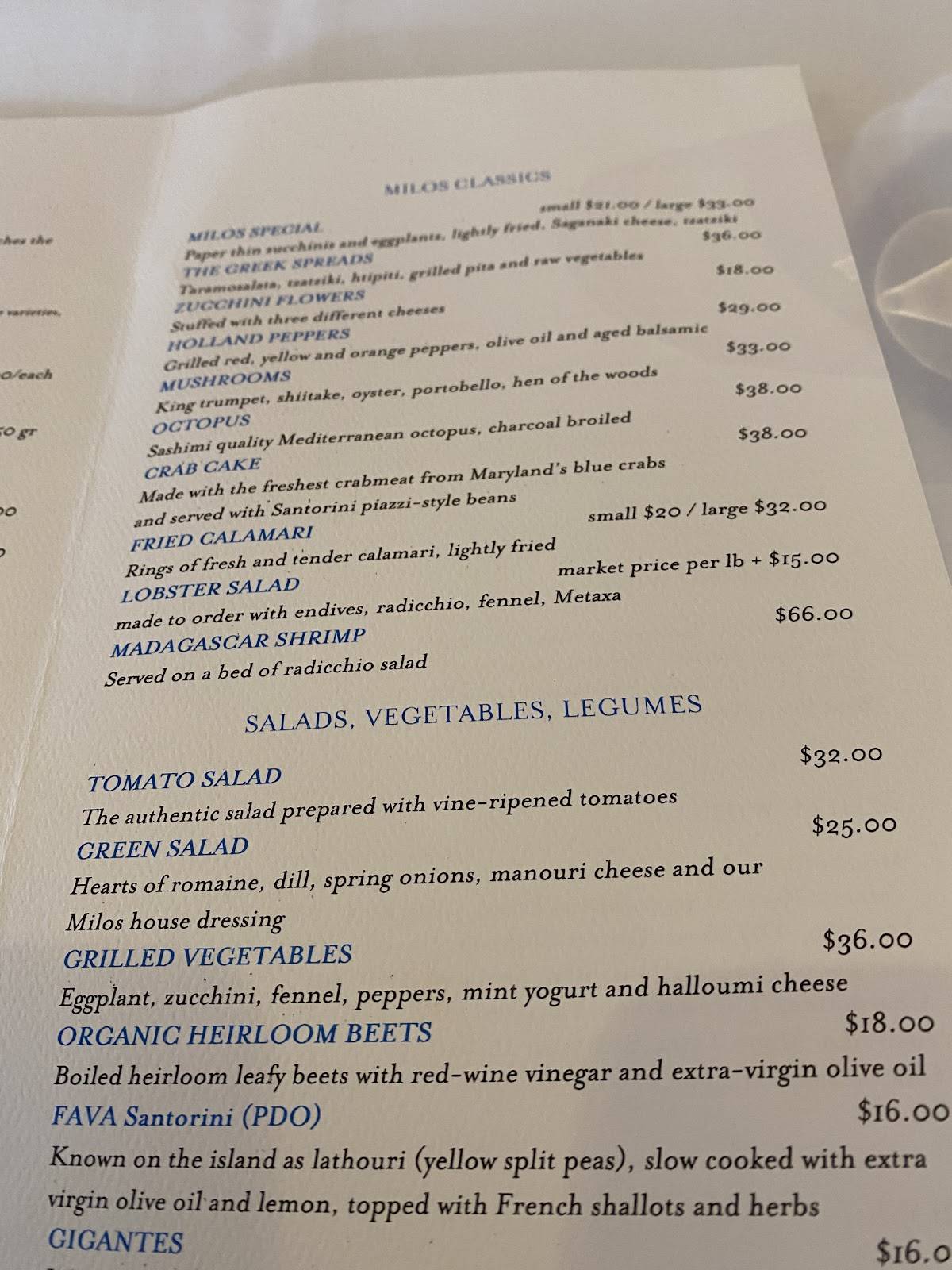 Menu at estiatorio Milos Midtown restaurant, West New York, 125 W 55th St