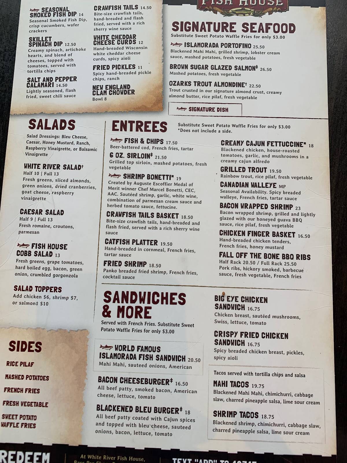 Menu at White River Fish House restaurant, Branson
