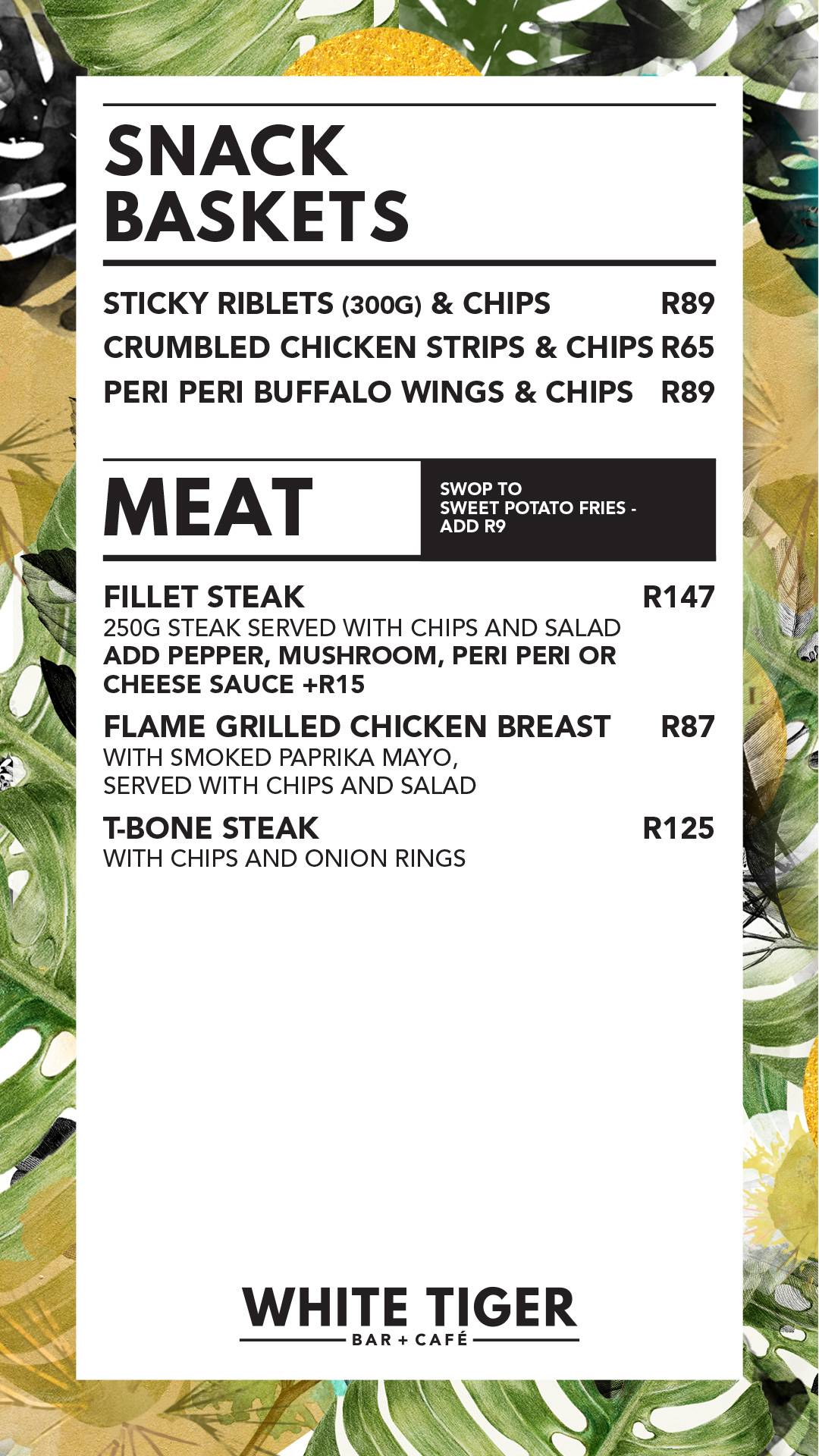 Menu at White Tiger Bar+Cafe, Port Elizabeth