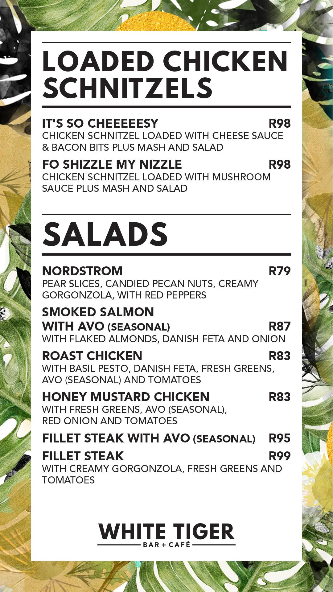 Menu at White Tiger Bar+Cafe, Port Elizabeth