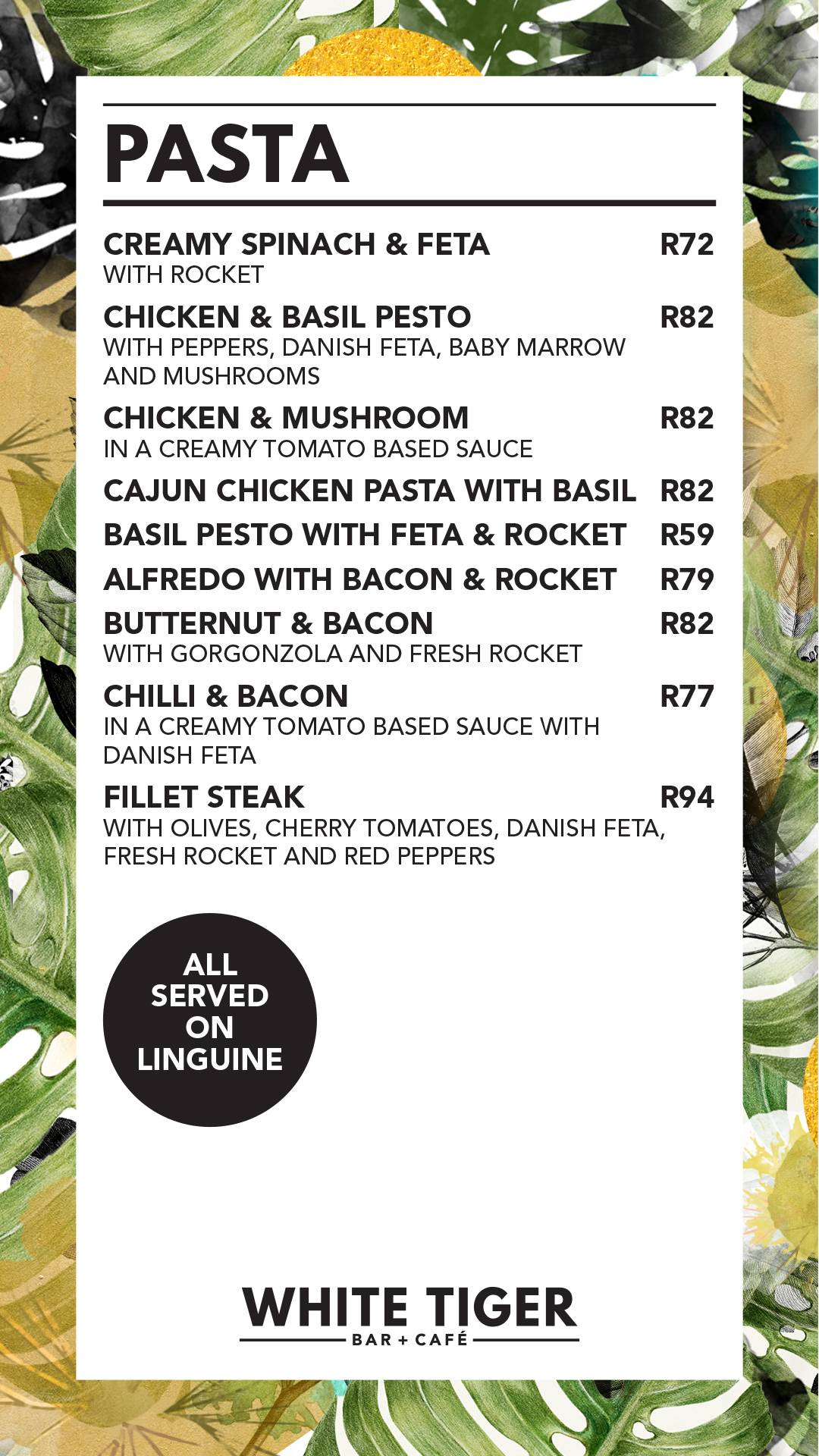 Menu at White Tiger Bar+Cafe, Port Elizabeth