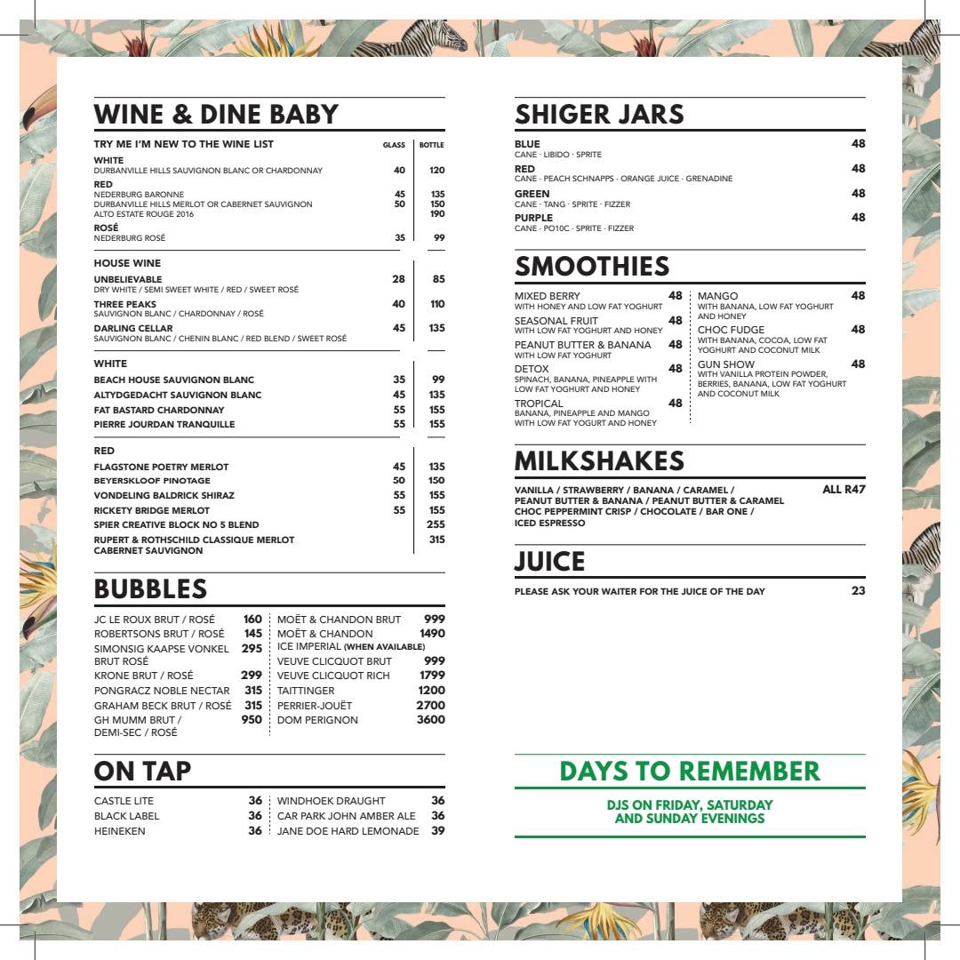 Menu at White Tiger Bar+Cafe, Port Elizabeth
