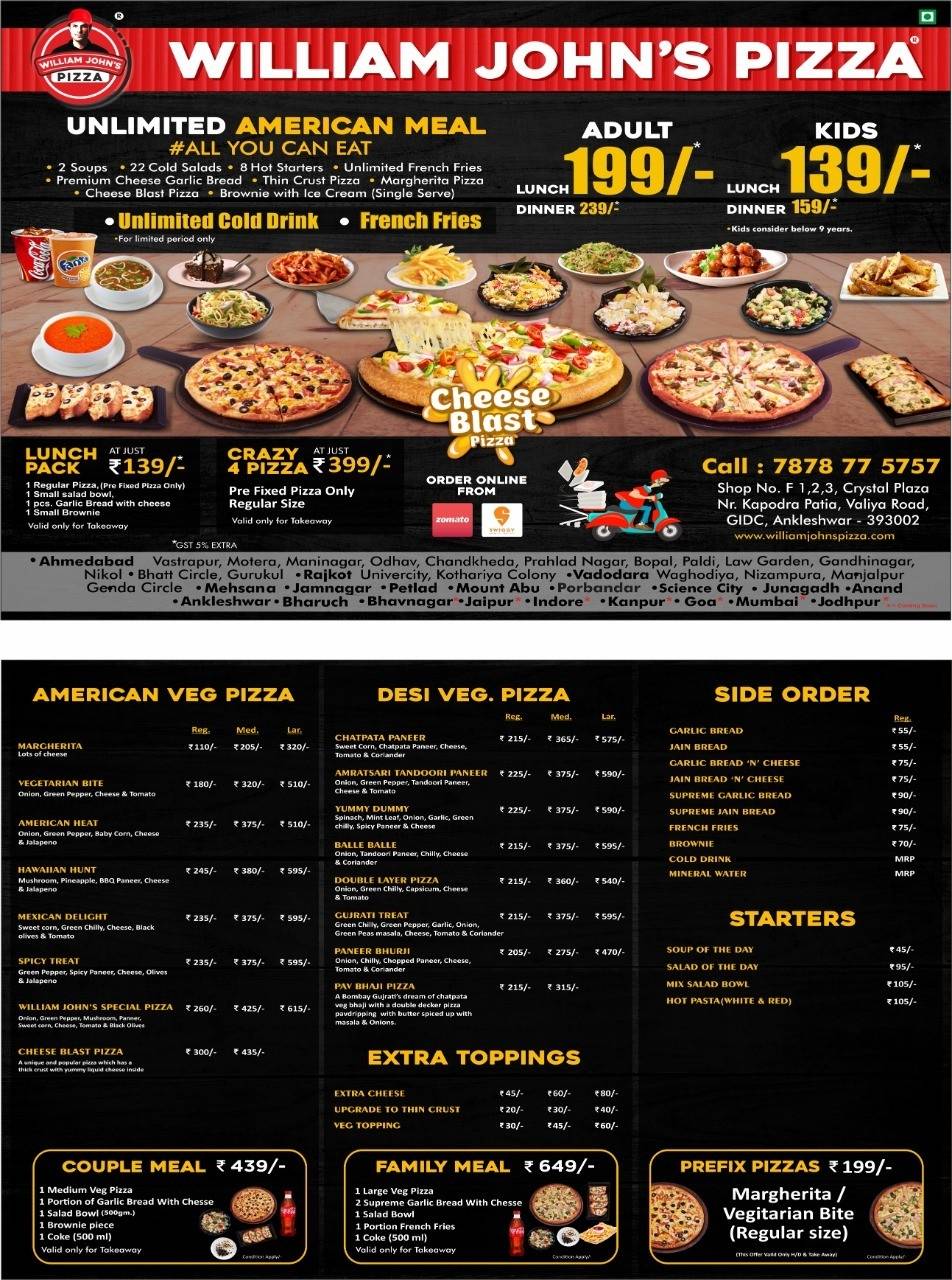 Menu at William John's Pizza Ankleshwar, Ankleshwar, Crystal Plaza