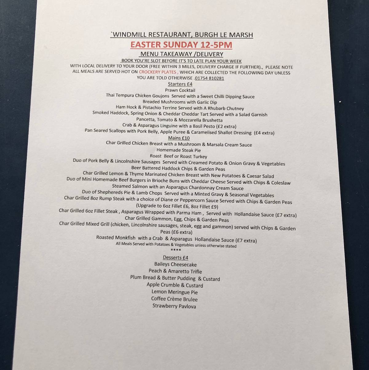 Menu at Windmill Restaurant, Burgh le Marsh