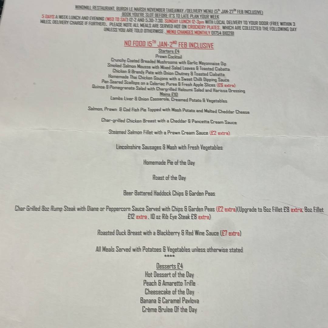 Menu at Windmill Restaurant, Burgh le Marsh