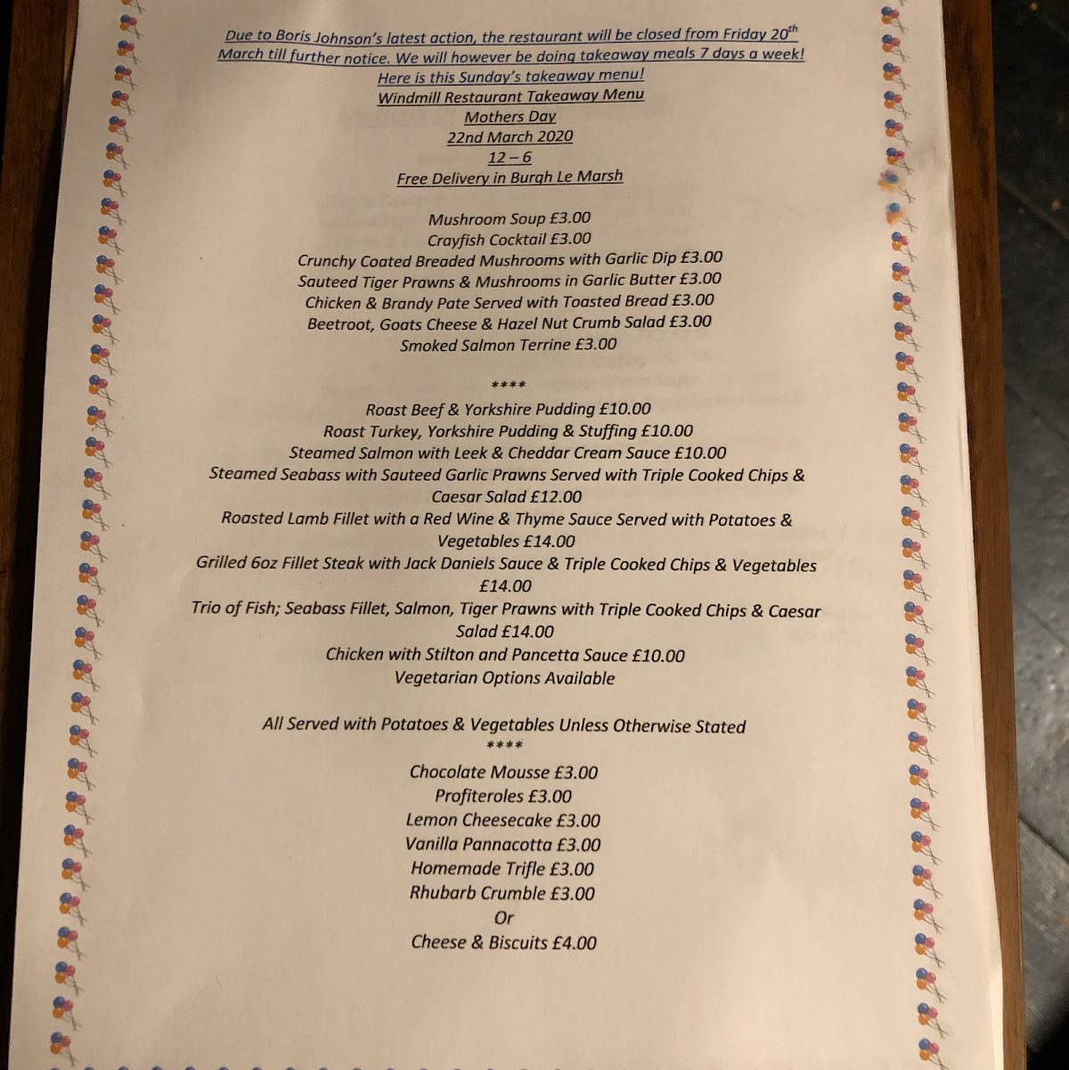 Menu at Windmill Restaurant, Burgh le Marsh
