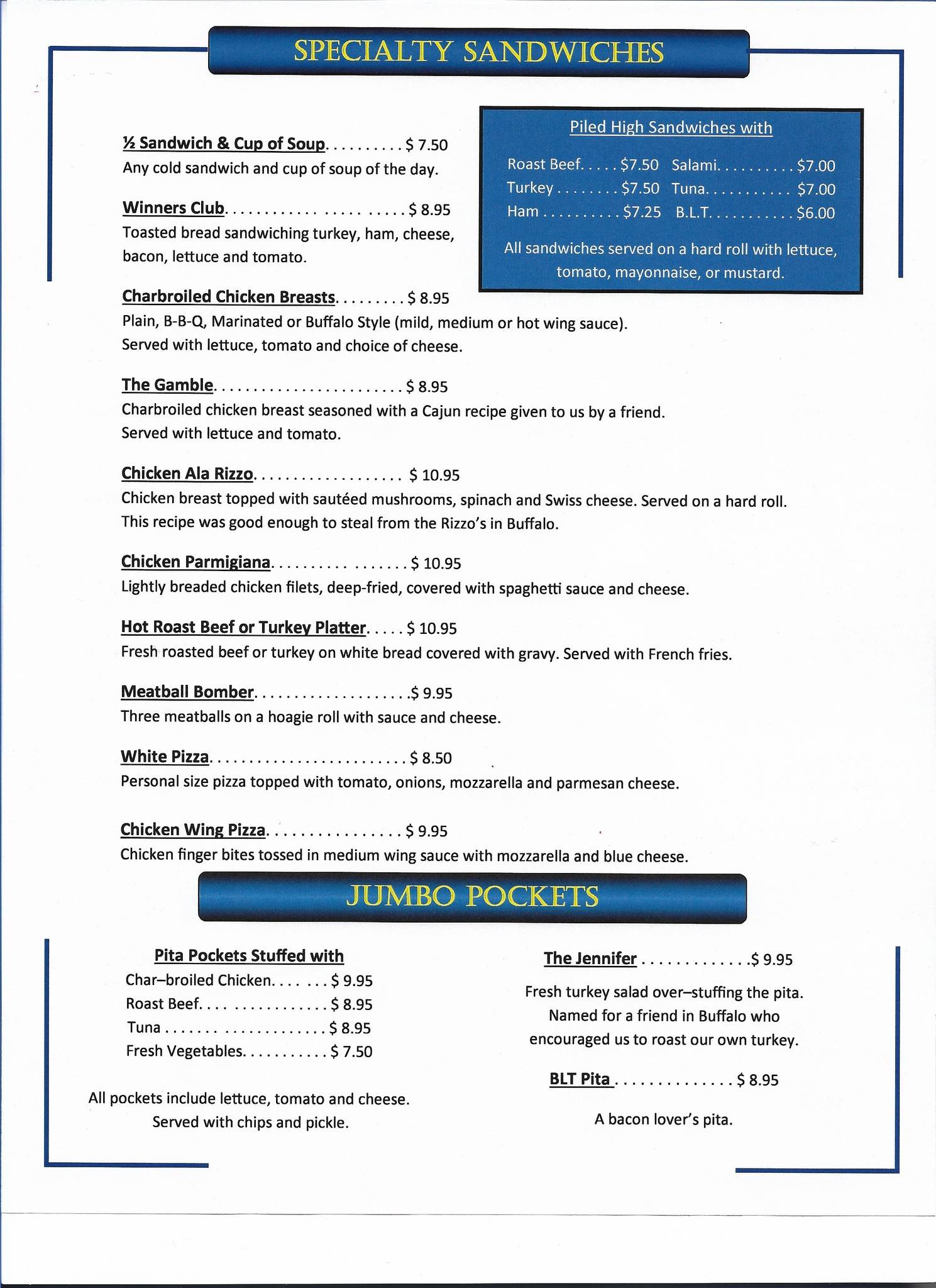 Menu at Winner's Circle pub & bar, Fonda