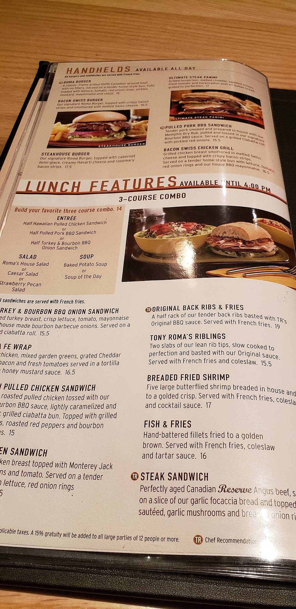 Menu at Tony Roma's restaurant, Winnipeg, 656 St James St