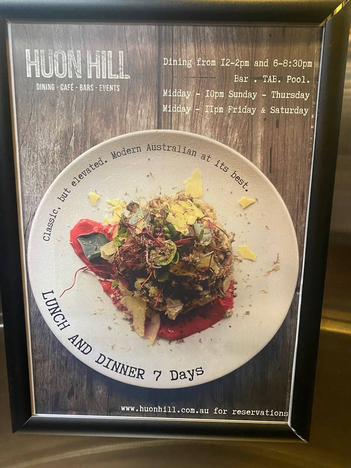 Menu at Huon Hill restaurant, Wodonga