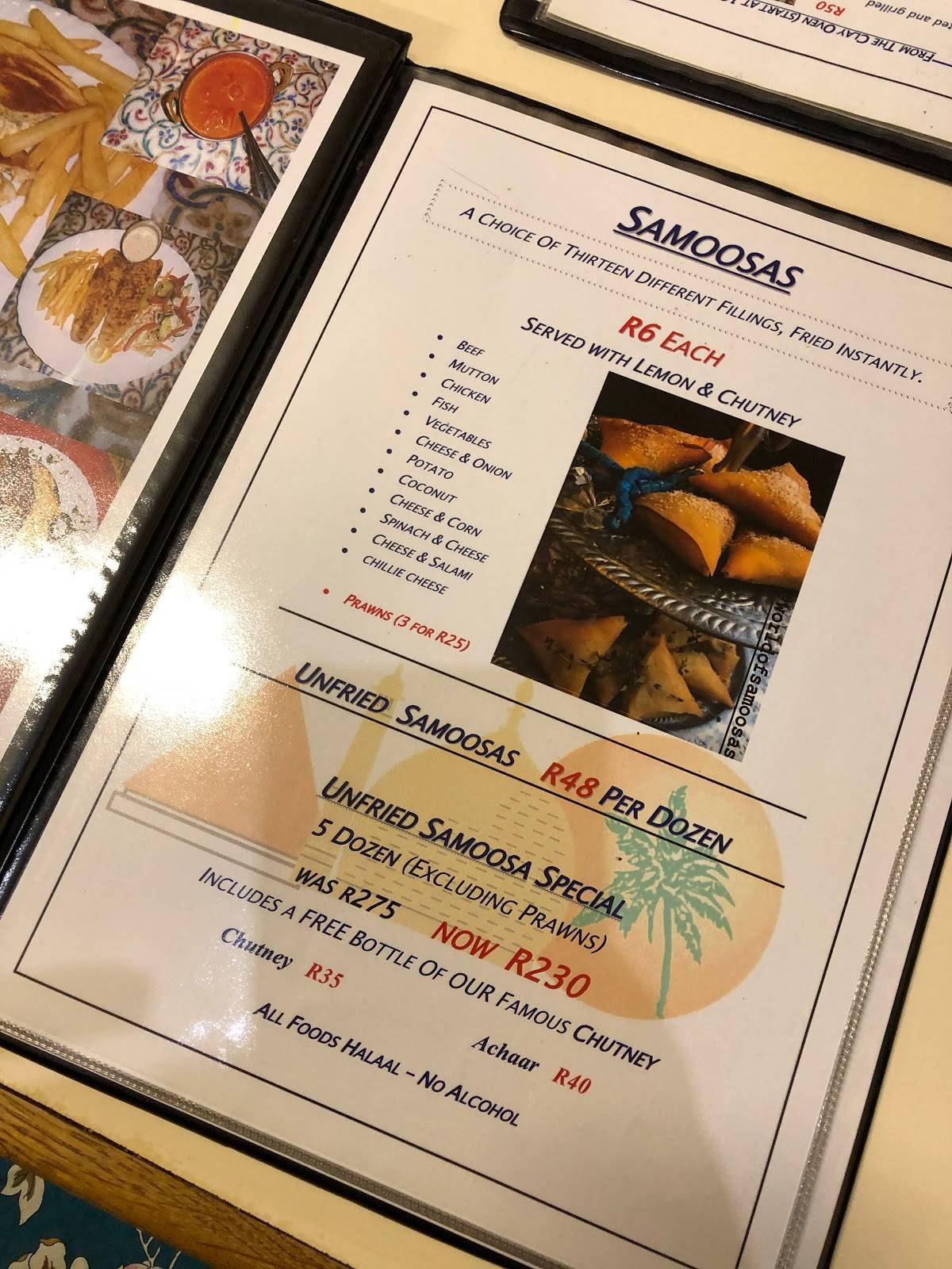 Menu at World of Samoosas restaurant, Johannesburg, Albertina Sisulu Rd