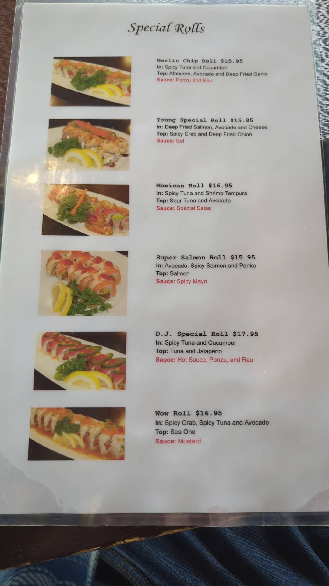 Menu at Wow Yanagi Sushi restaurant, Pismo Beach