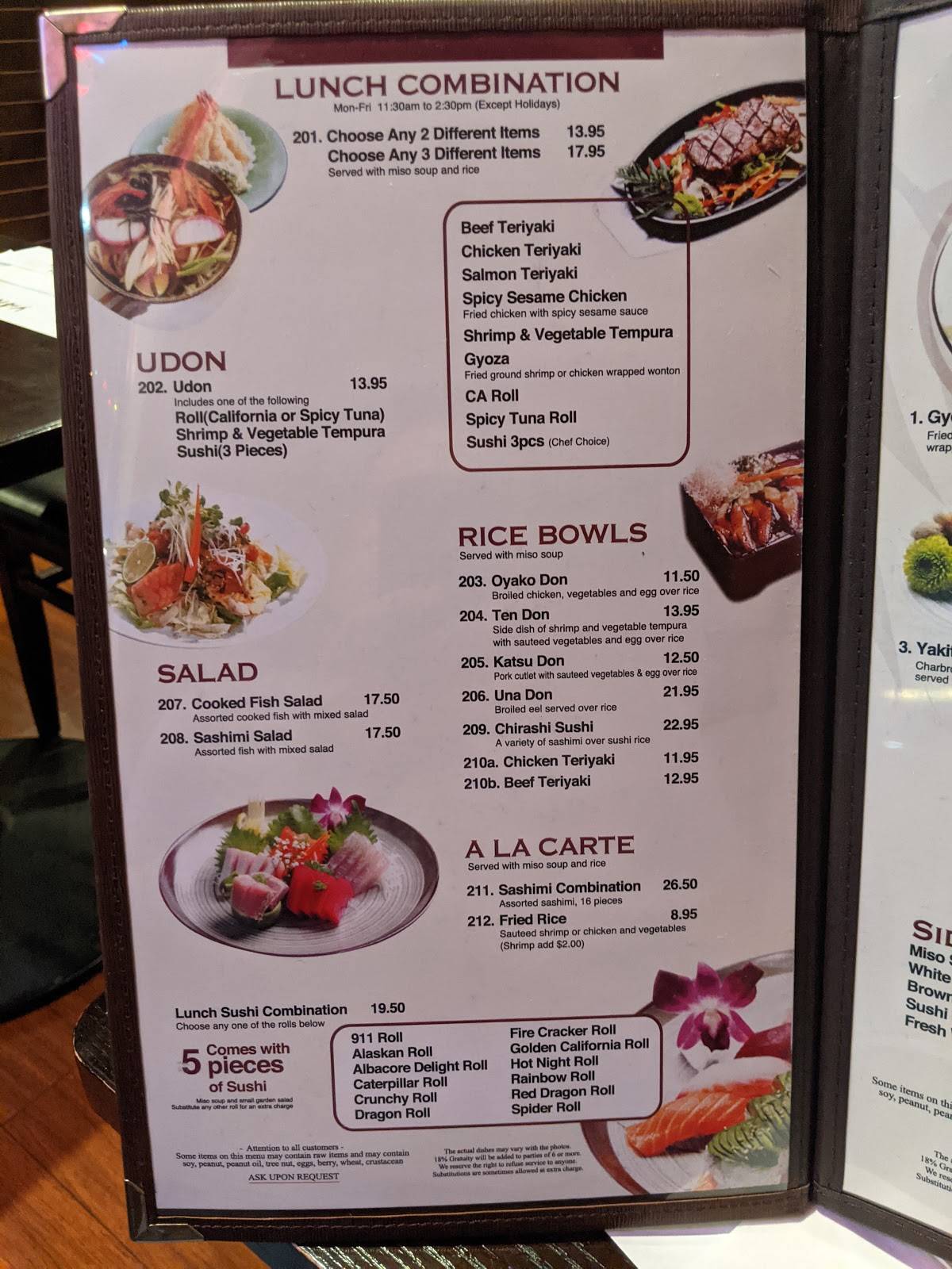 Menu at Wow Yanagi Sushi restaurant, Pismo Beach
