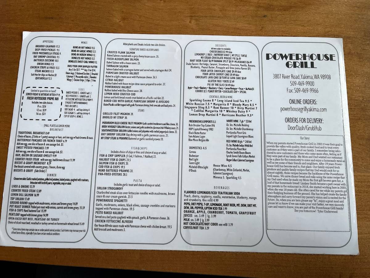 Menu at Powerhouse Grill restaurant, Yakima
