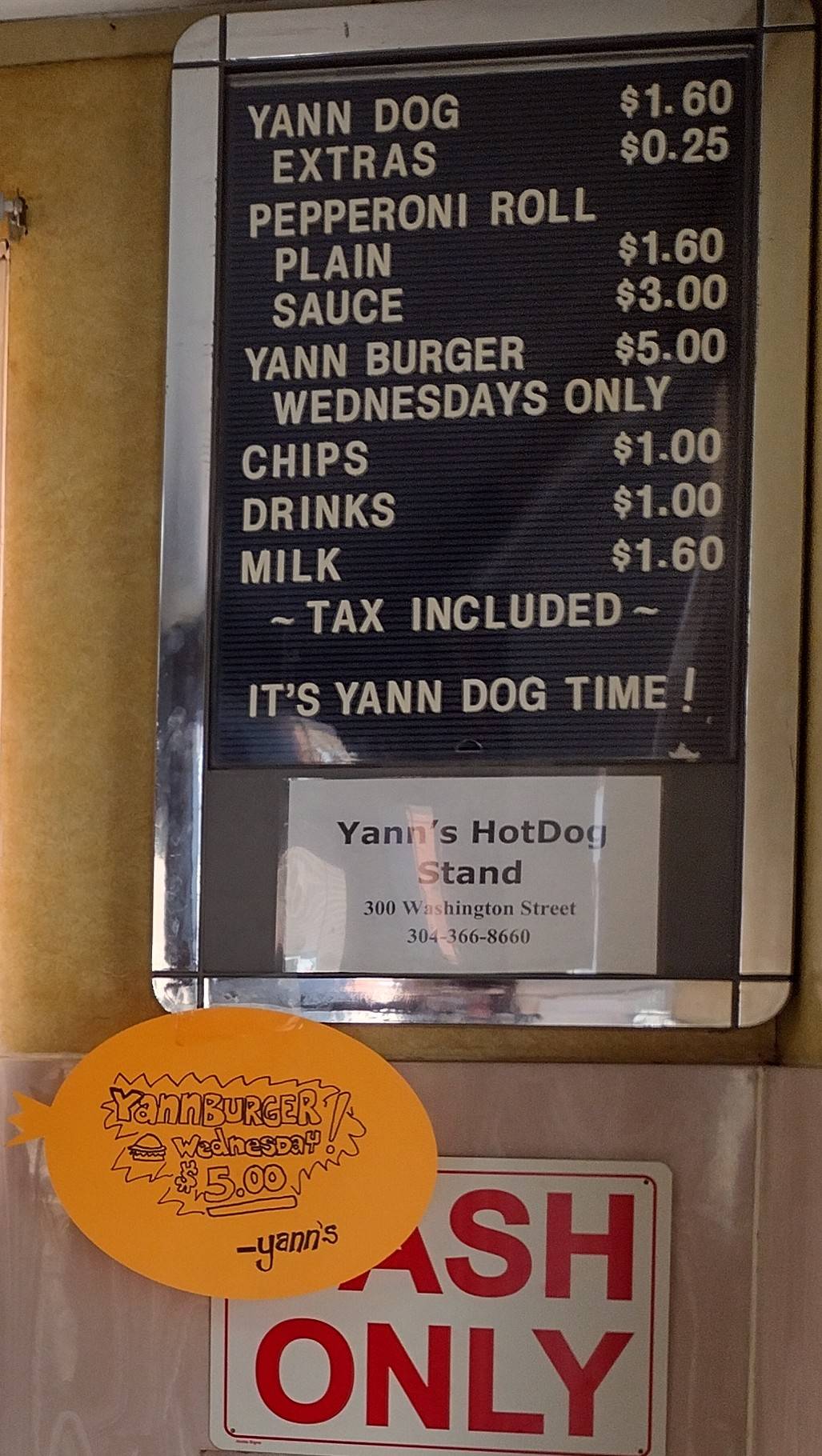 Menu at Yann's Hot Dog Stand restaurant, Fairmont